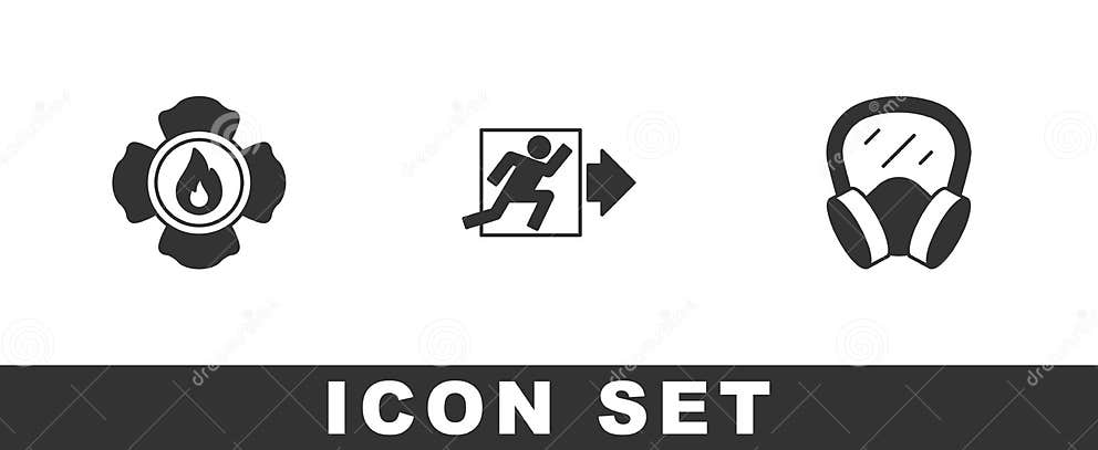 Set Firefighter, Exit and Gas Mask Icon. Vector Stock Illustration ...