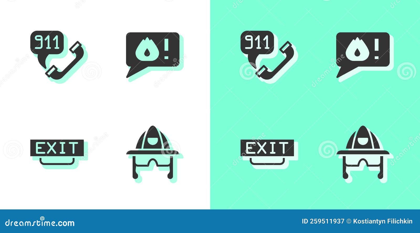 Set Firefighter Helmet, Telephone Call 911, Exit and Icon. Vector Stock ...