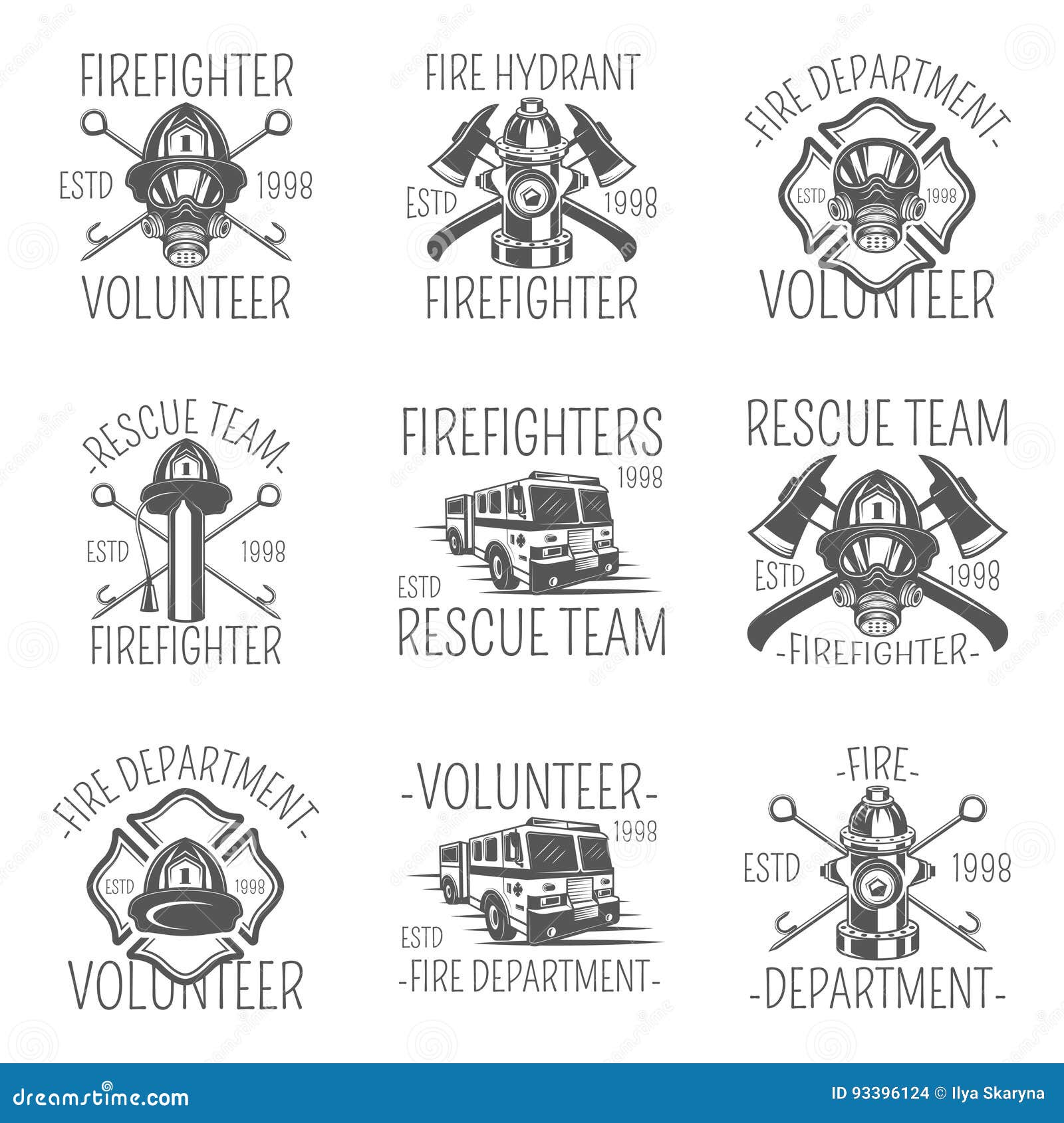 Set of Firefighter in Monochrome Style Logos, Emblems, Labels and ...