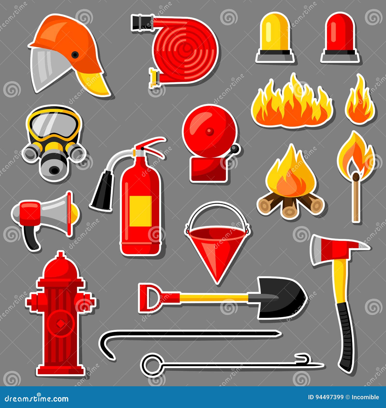 Stickers With Firefighting Items. Fire Protection Equipment Vector ...