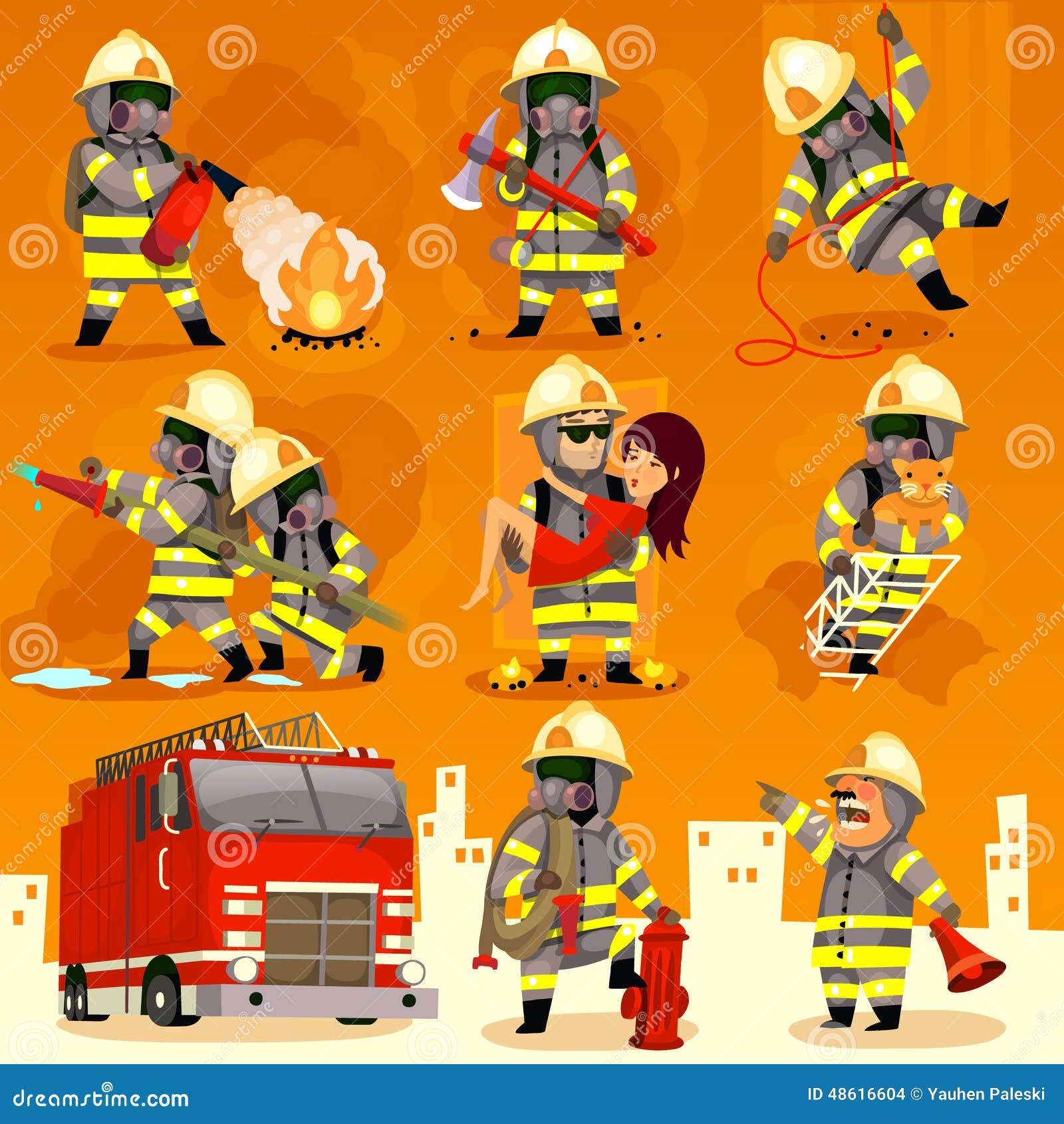 Set of fireman at work stock vector. Illustration of extinguisher ...