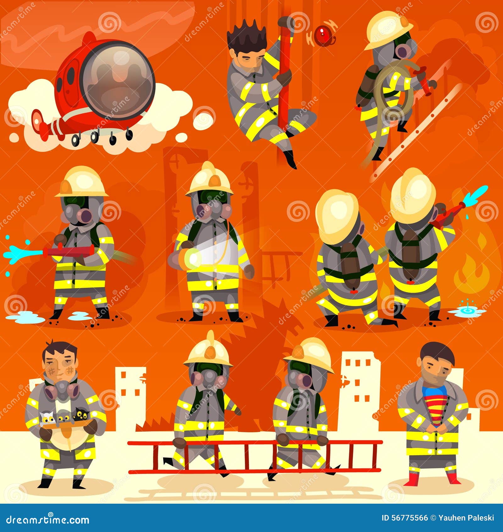 Set of fireman at work stock vector. Illustration of burning - 56775566