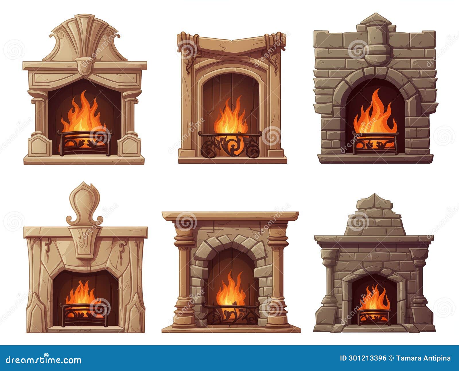 Set of Fireplaces in Cartoon Style. Isolated Illustrations on a White ...