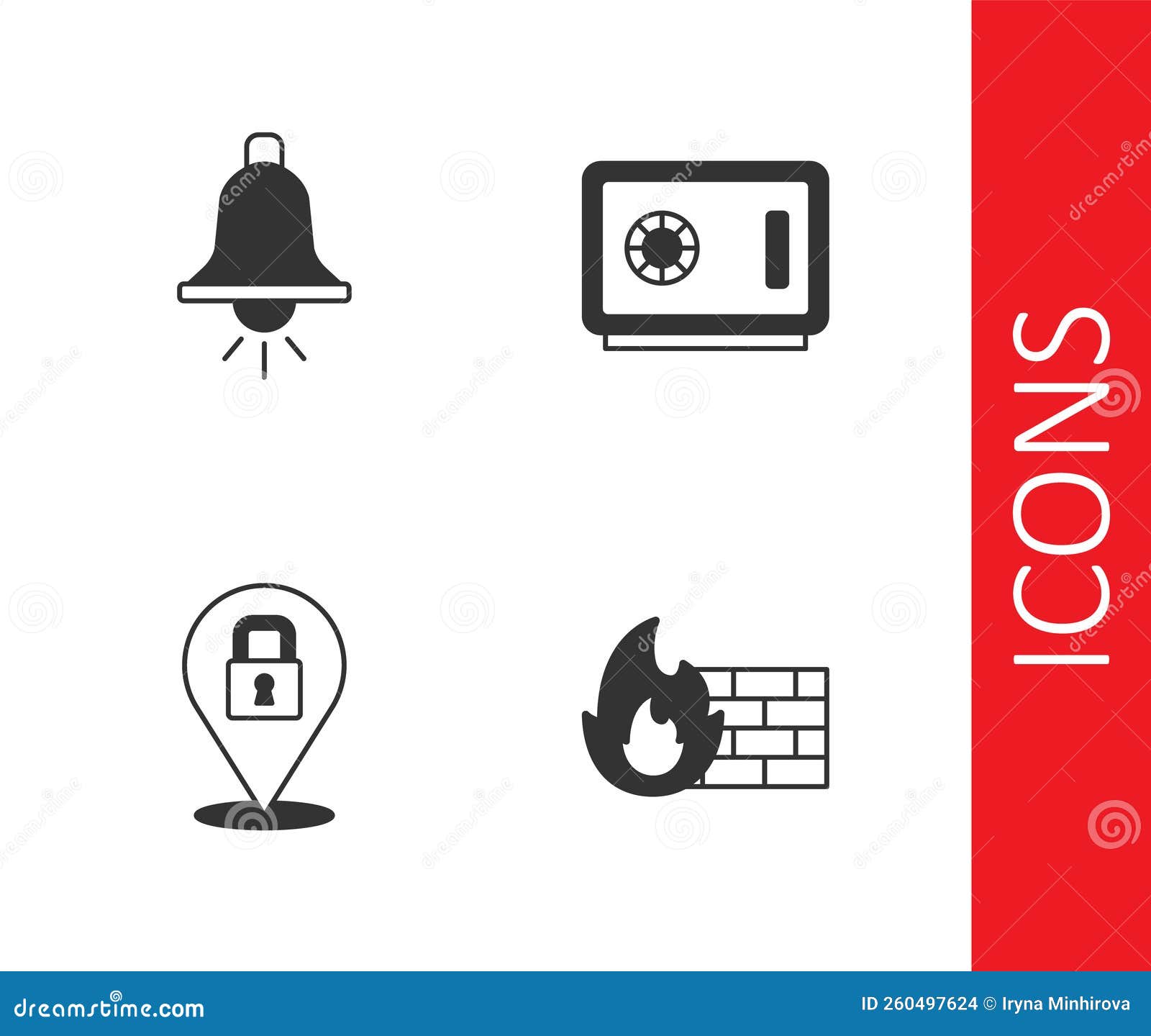 Set Firewall, Security Wall, Ringing Alarm Bell, Lock and Safe Icon ...