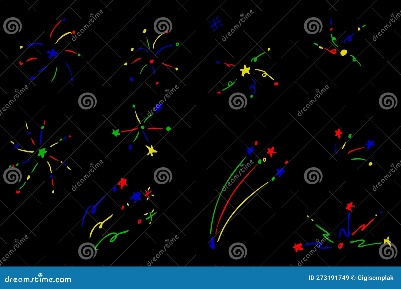 Set 11 Firework, Colorful Vector Hand Draw Sketch, Isolated on Black ...