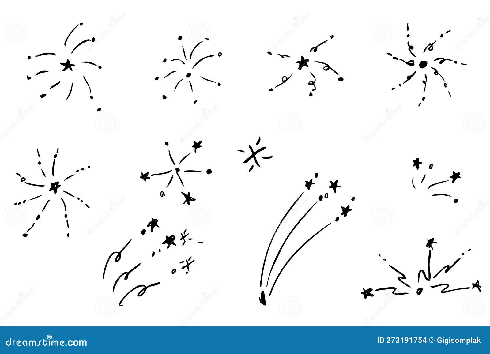 Set 11 Firework, Vector Hand Draw Sketch, Isolated on White Stock ...