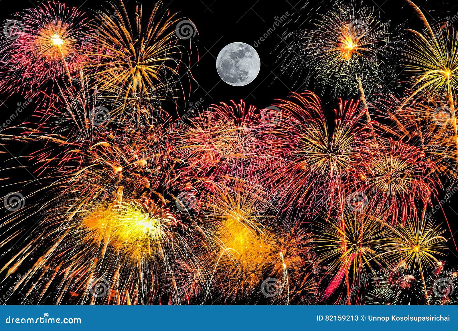 Set of Fireworks on Black Background with Super Moon Stock Image ...
