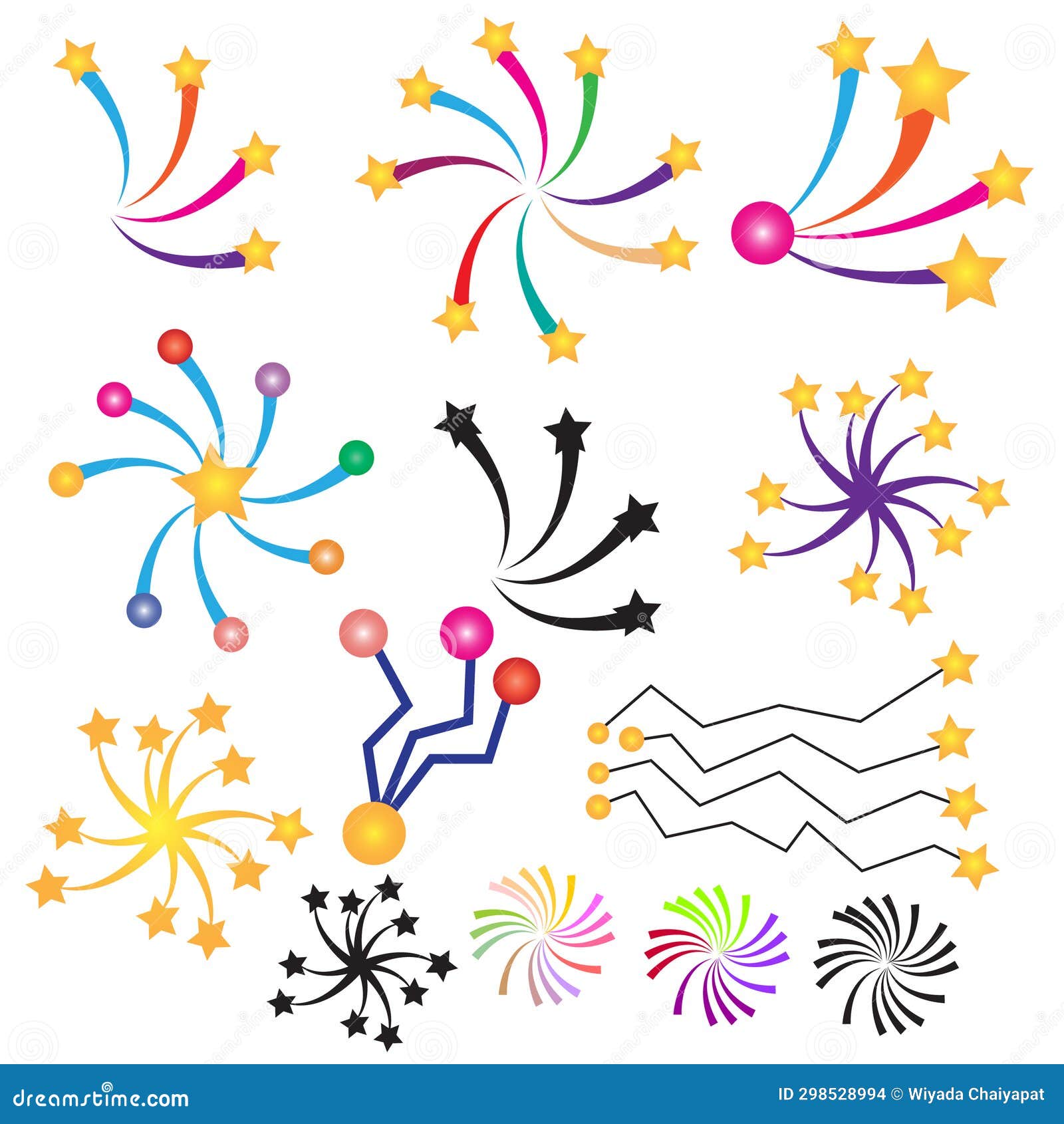 Set of fireworks and stars stock illustration. Illustration of blast ...
