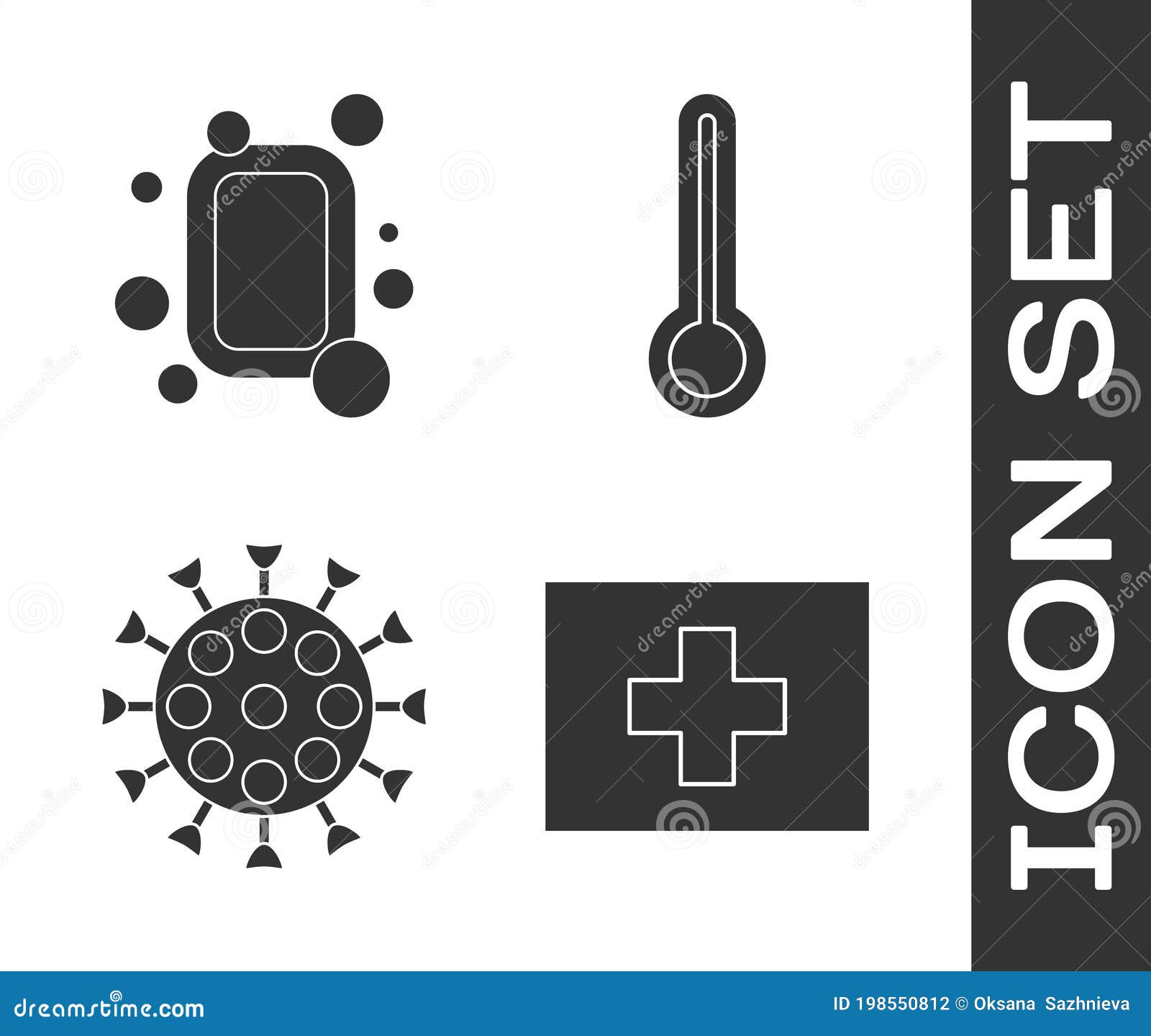 Set First Aid Kit, Bar of Soap, Virus and Medical Thermometer Icon ...