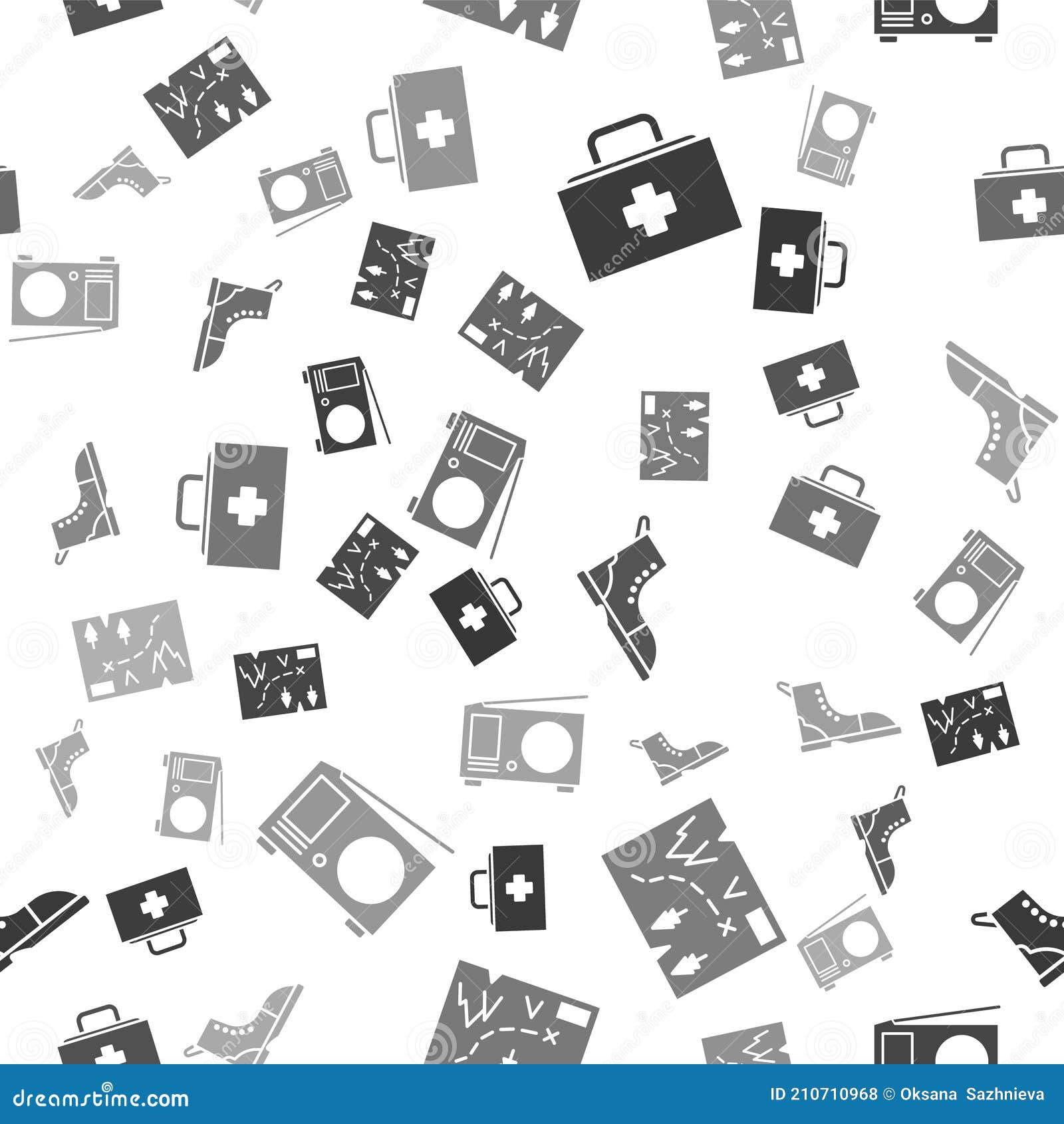 Set First Aid Kit, Folded Map with Location, Hiking Boot and Radio with ...