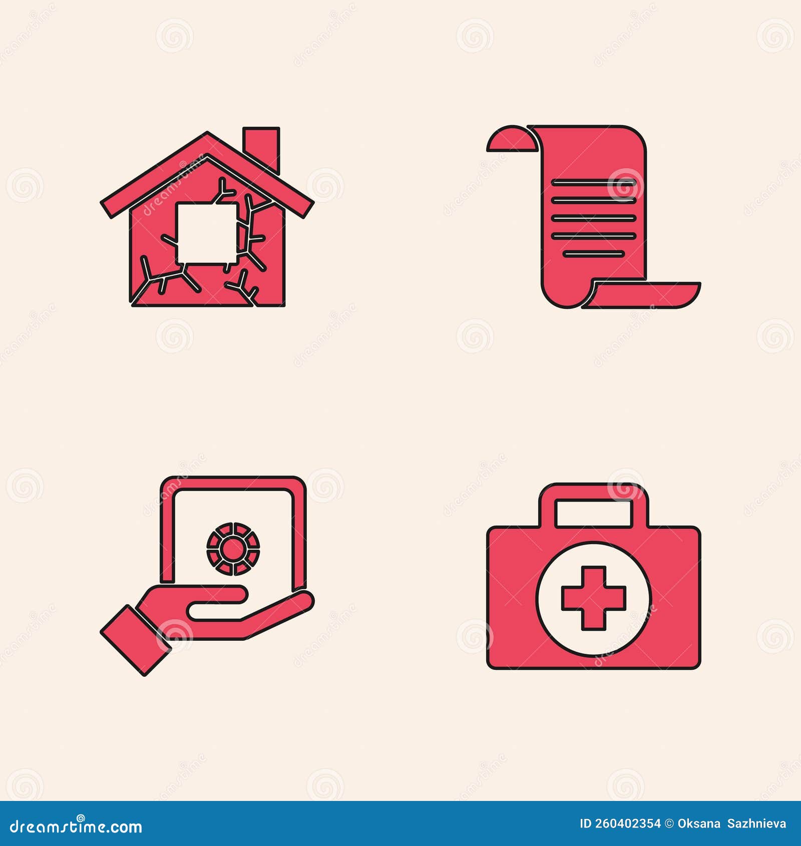 Set First Aid Kit, House, Document with Shield and Safe in Hand Icon ...