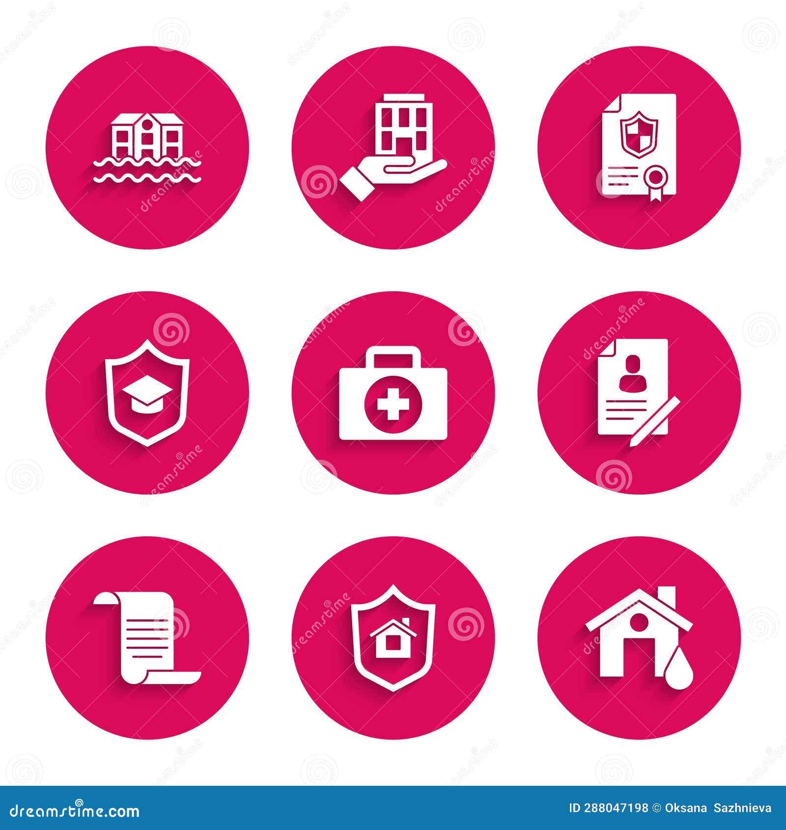 Set First Aid Kit, House with Shield, Flood, Document, Graduation Cap ...