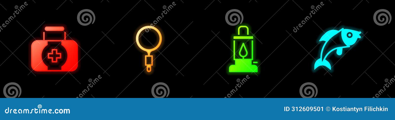Set First Aid Kit, Magnifying Glass, Camping Lantern and Fish Icon ...