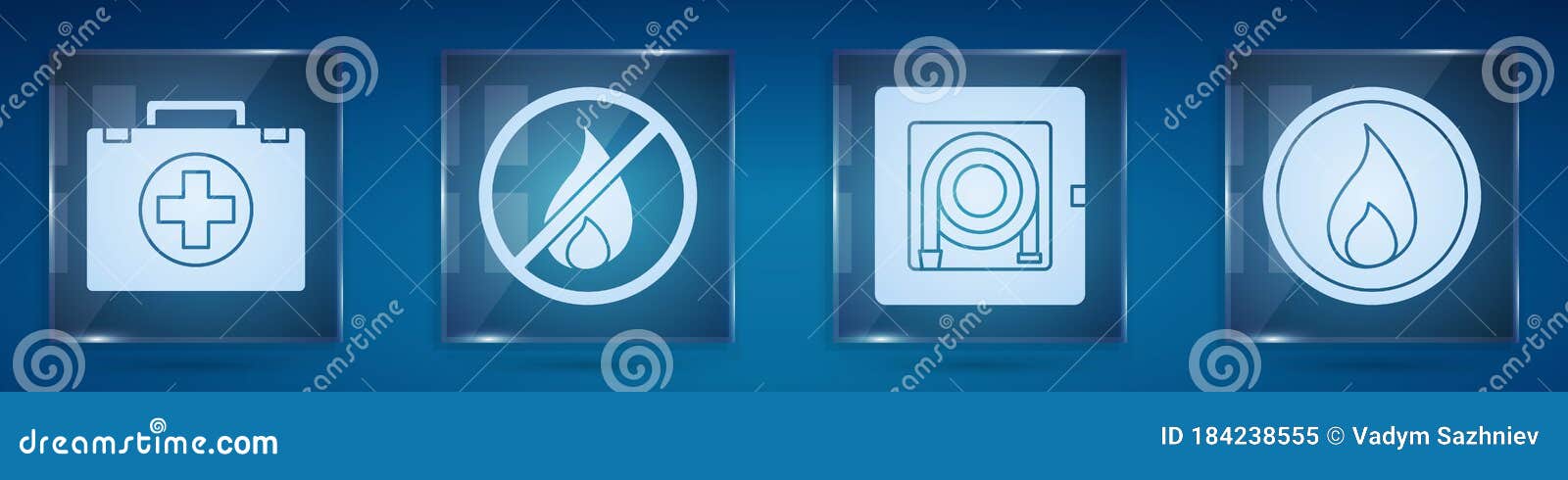 Set First Aid Kit, No Fire, Fire Hose Cabinet and Fire Flame. Square ...