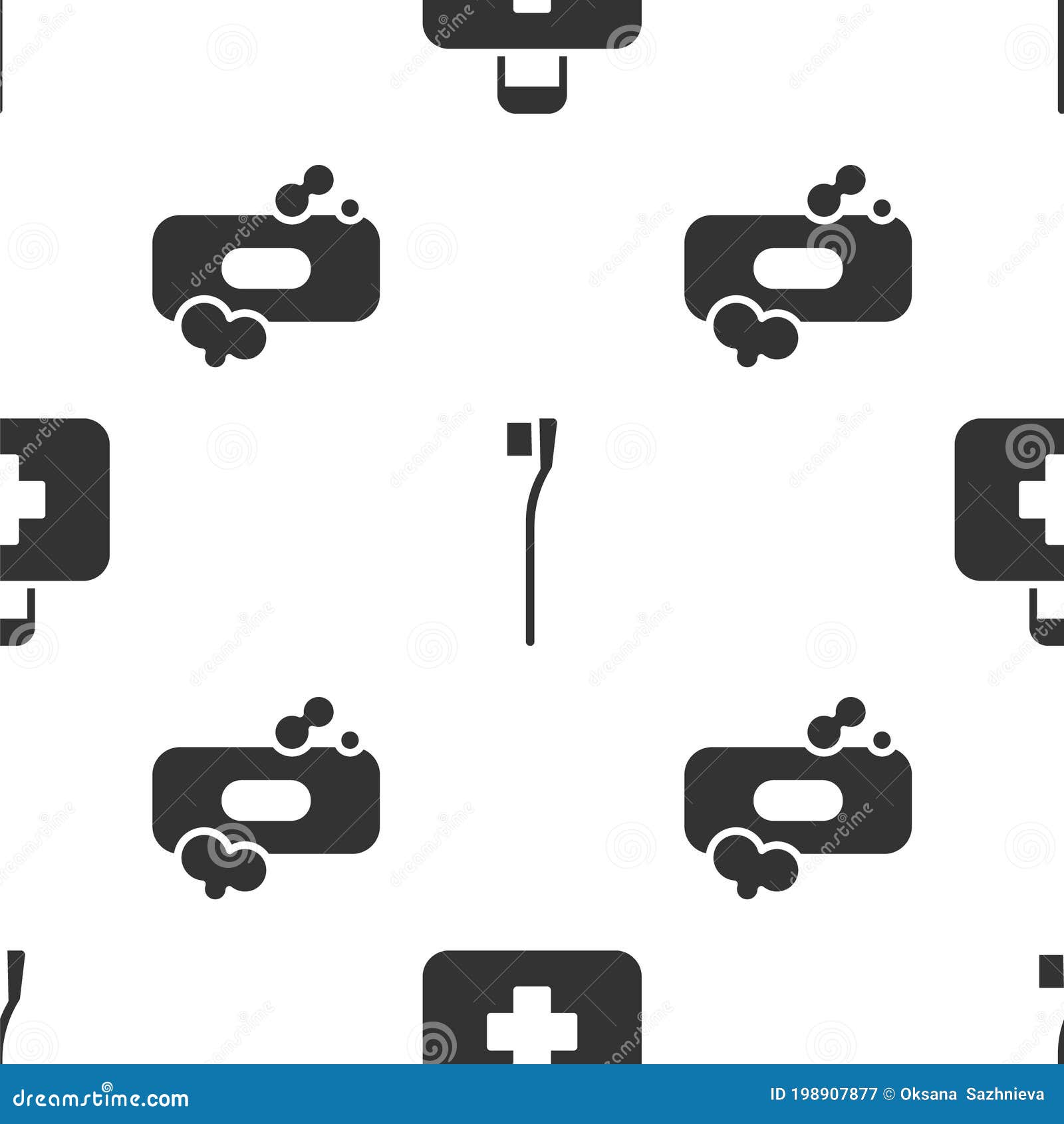 Set First Aid Kit, Toothbrush and Bar of Soap on Seamless Pattern ...