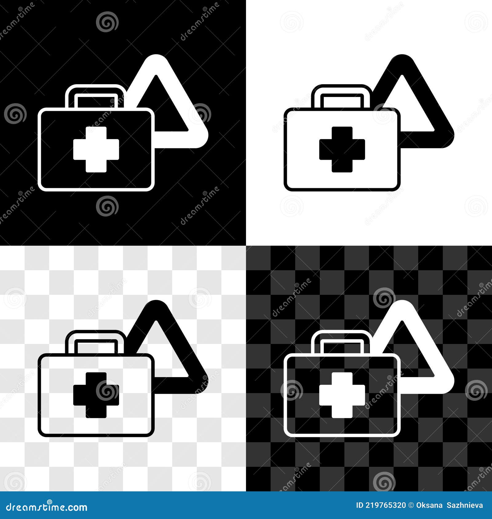 Set First Aid Kit and Warning Triangle Icon Isolated on Black and White ...