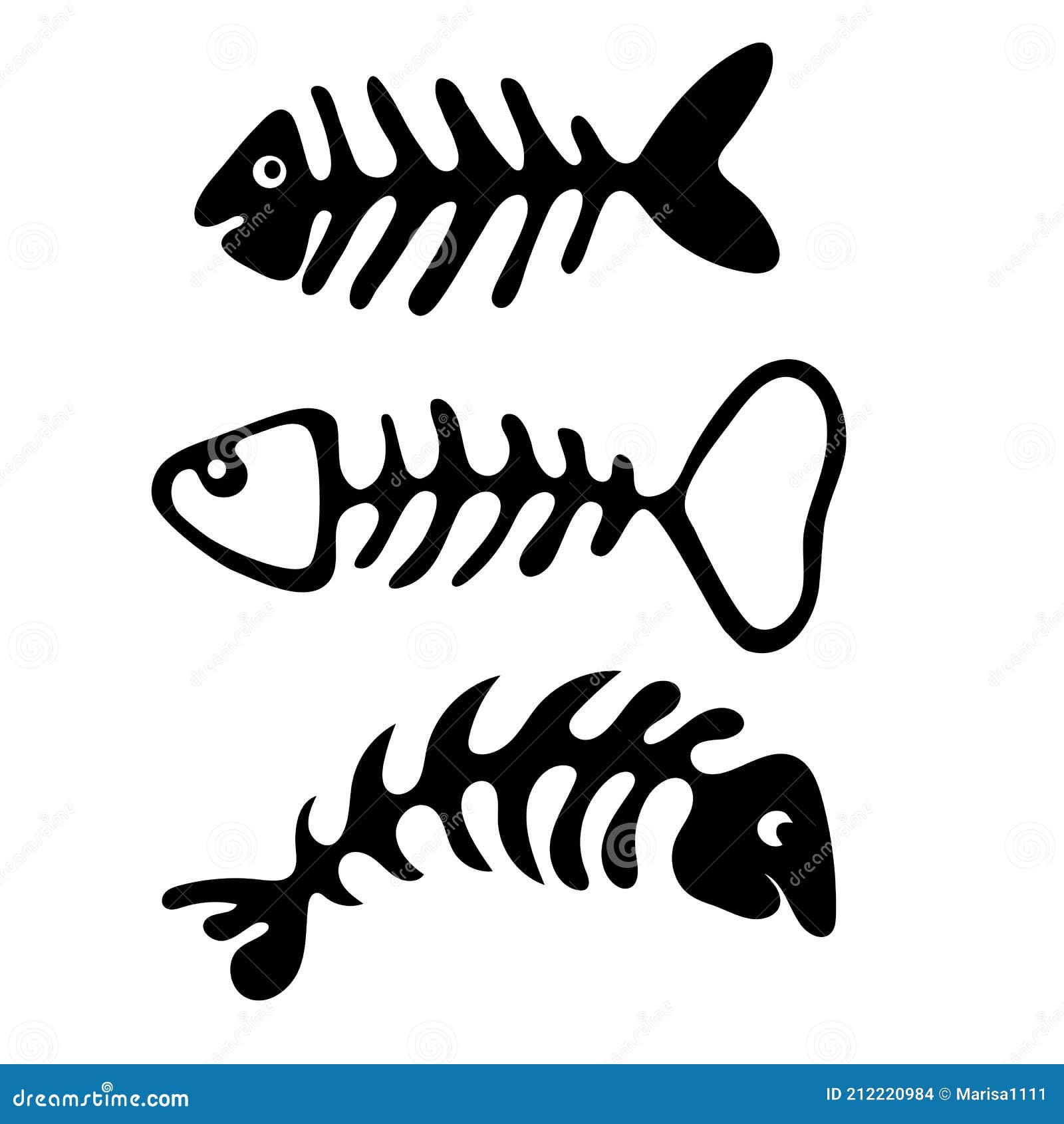 Set of Fish Bones Skeleton Isolated on White Background. Vector Cartoon ...