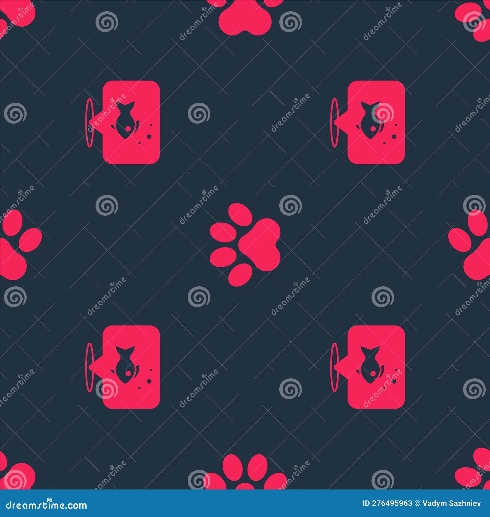 Set Fish and Paw Print on Seamless Pattern. Vector Stock Illustration ...