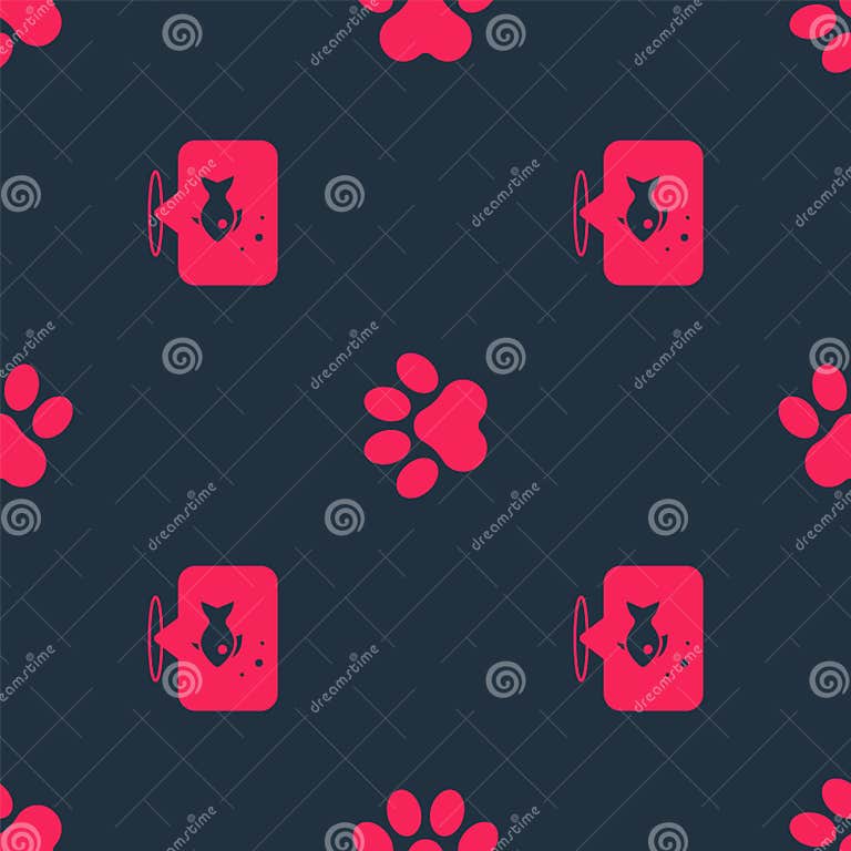 Set Fish and Paw Print on Seamless Pattern. Vector Stock Illustration ...