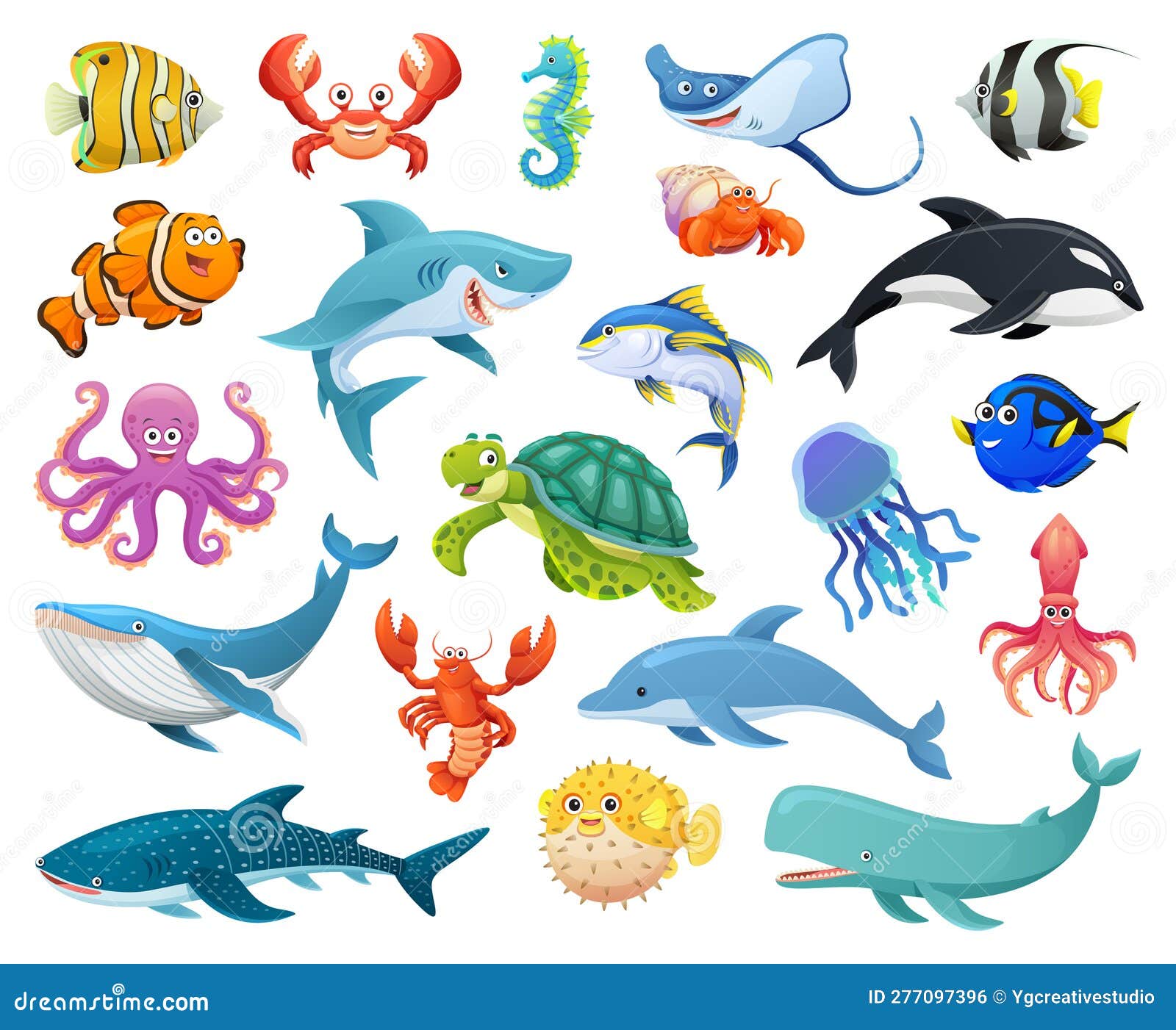 Set Of Fish And Sea Animals In Cartoon Style Vector Illustration ...