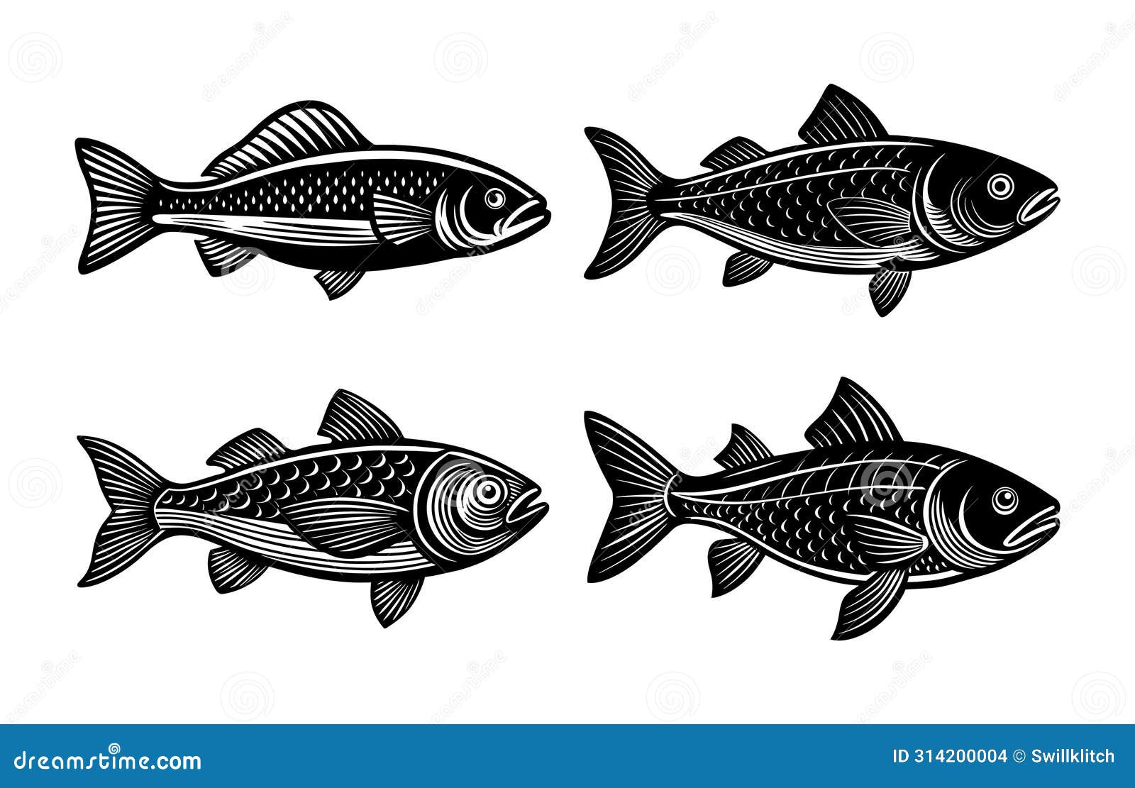 Set of Fish Signs with Linocut or Engraving Style. Fish Design ...