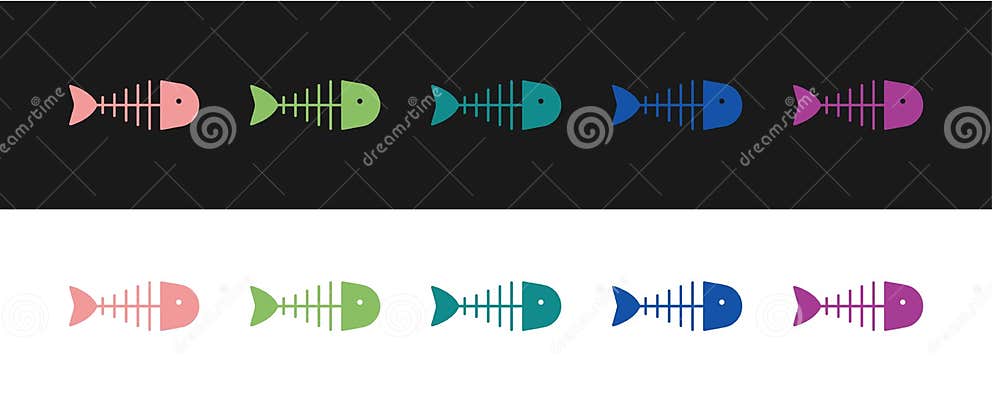 Set Fish Skeleton Icon Isolated on Black and White Background. Fish ...