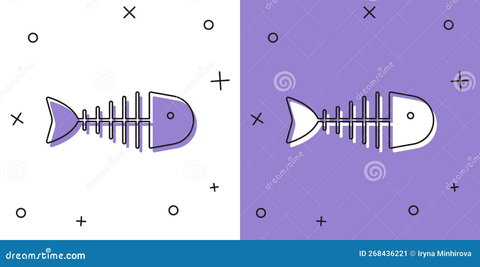 Set Fish Skeleton Icon Isolated on White and Purple Background. Fish ...