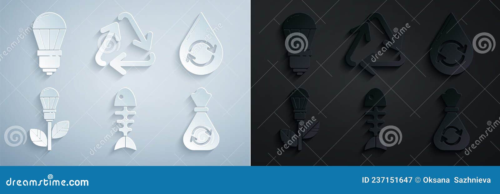 Set Fish Skeleton, Recycle Clean Aqua, Light Bulb with Leaf, Garbage ...