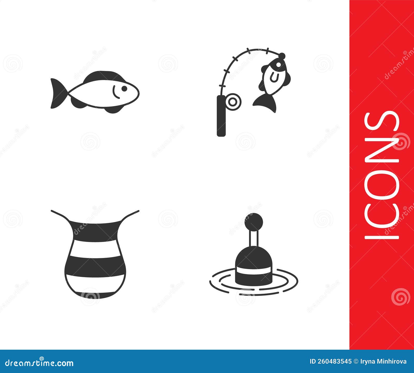 Set Fishing Float in Water, Net and Rod and Fish Icon. Vector Stock ...