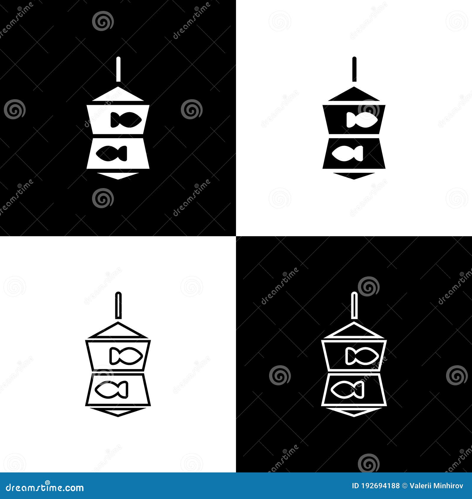 Set Fishing Net with Fish Icon Isolated on Black and White Background ...