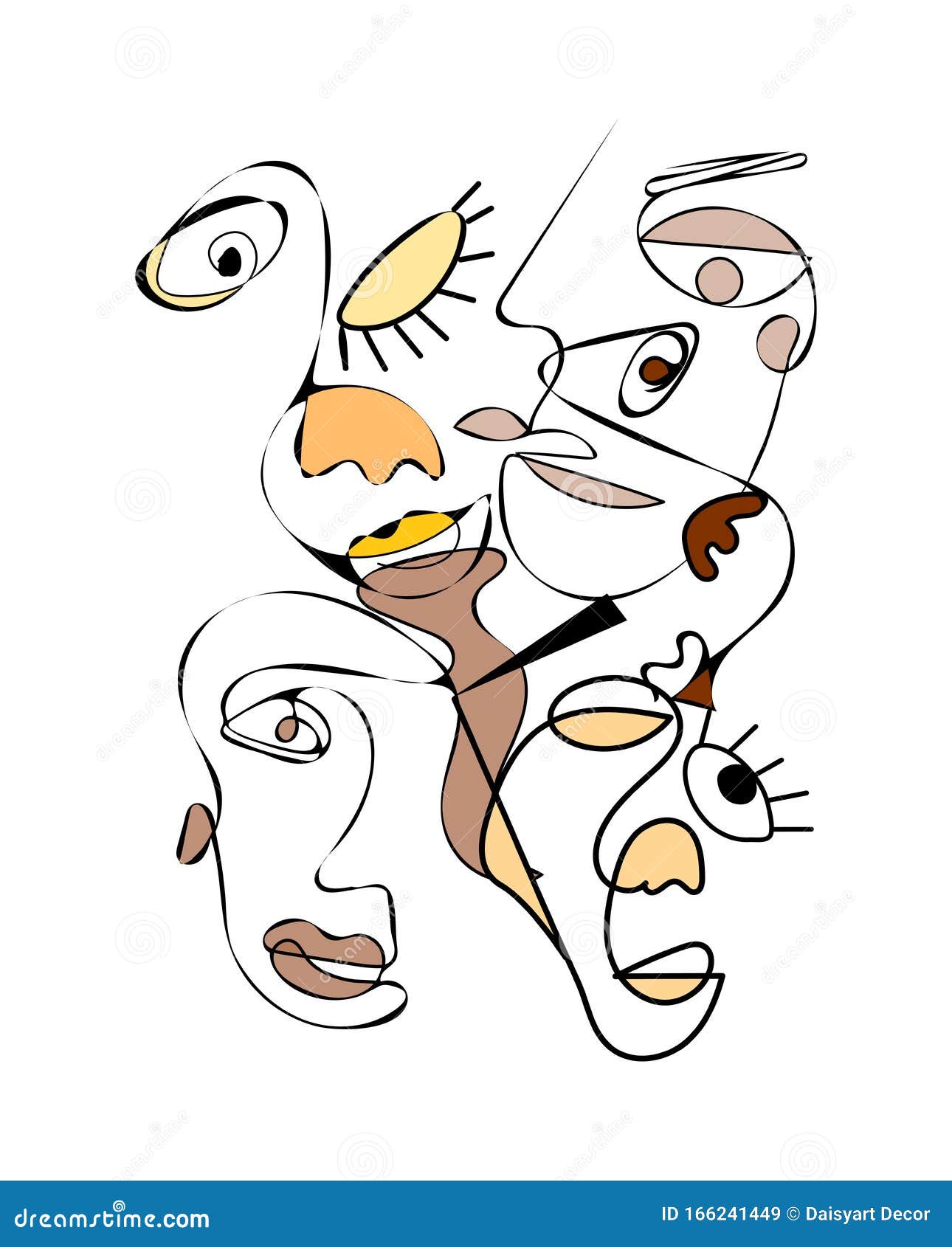 Set Of Five Abstract Face One Line Drawing Portrait Minimalistic Style