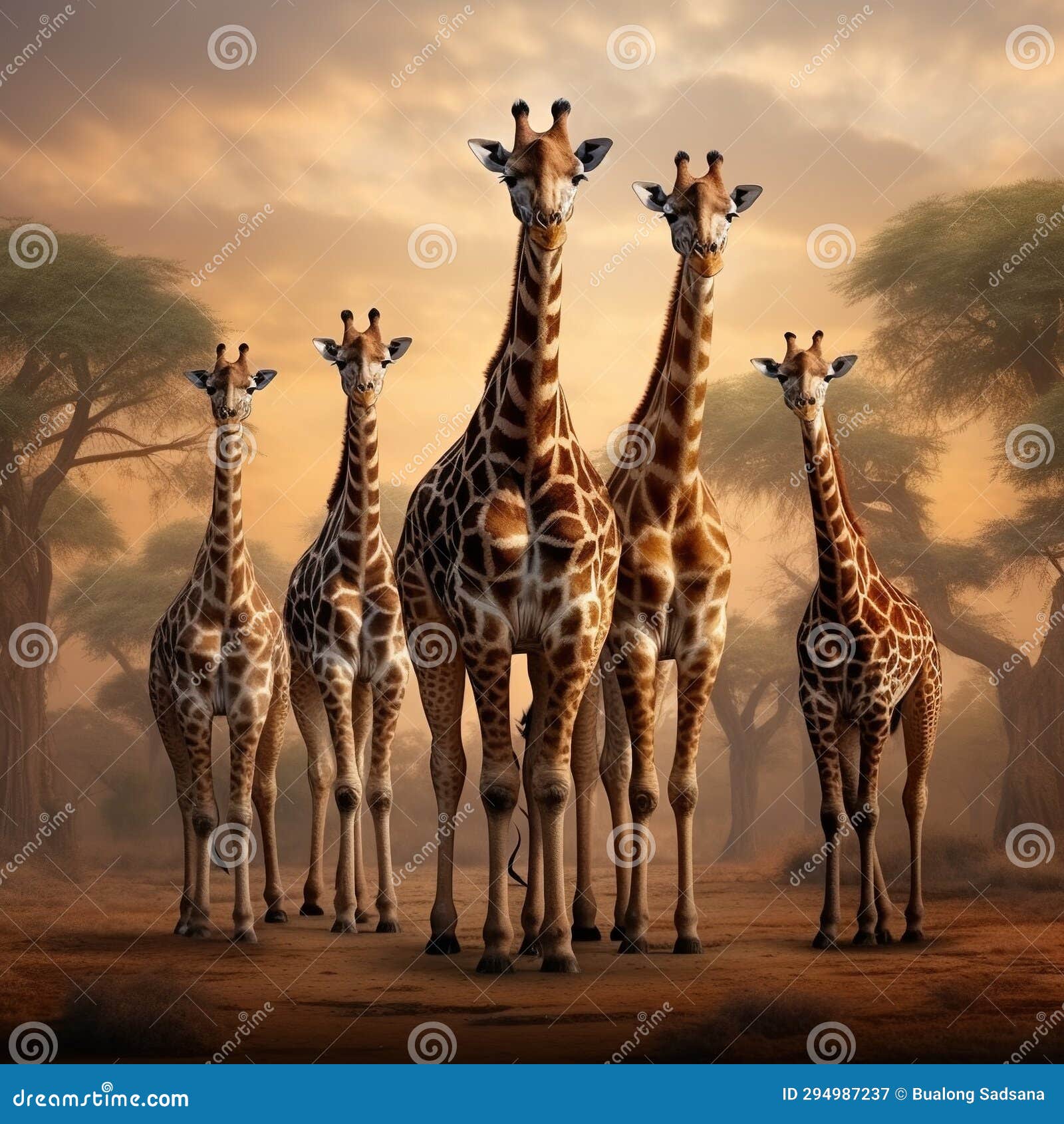 Set of Five African Giraffes in Different Posings Stock Illustration ...
