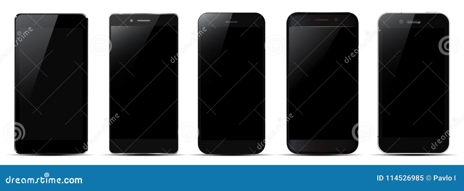 Set of Five Black Smartphone - Stock Vector - Illustration of ...