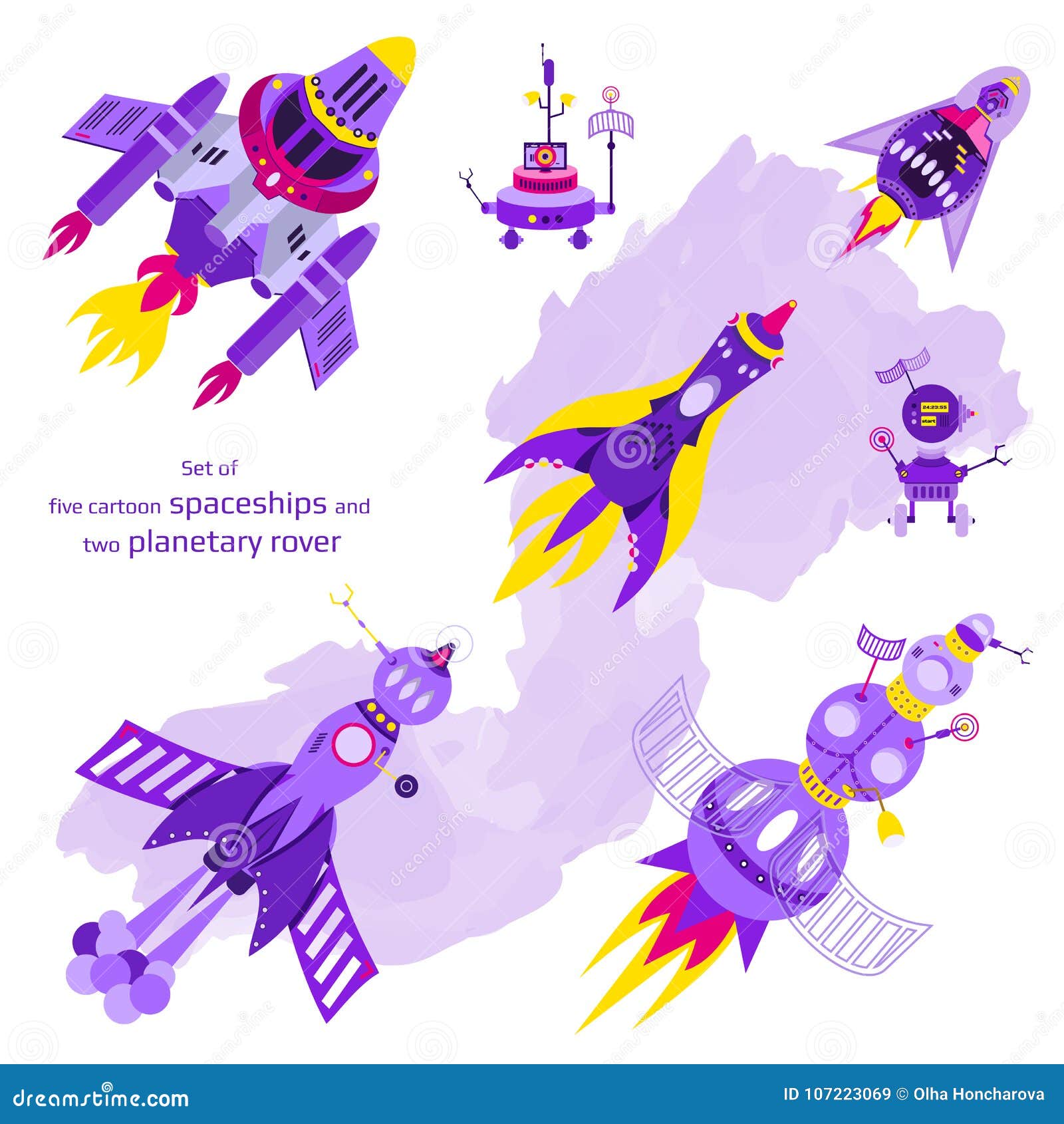 Set of Five Cartoon Spaceships and Two Planetary Rovers. Stock Vector ...