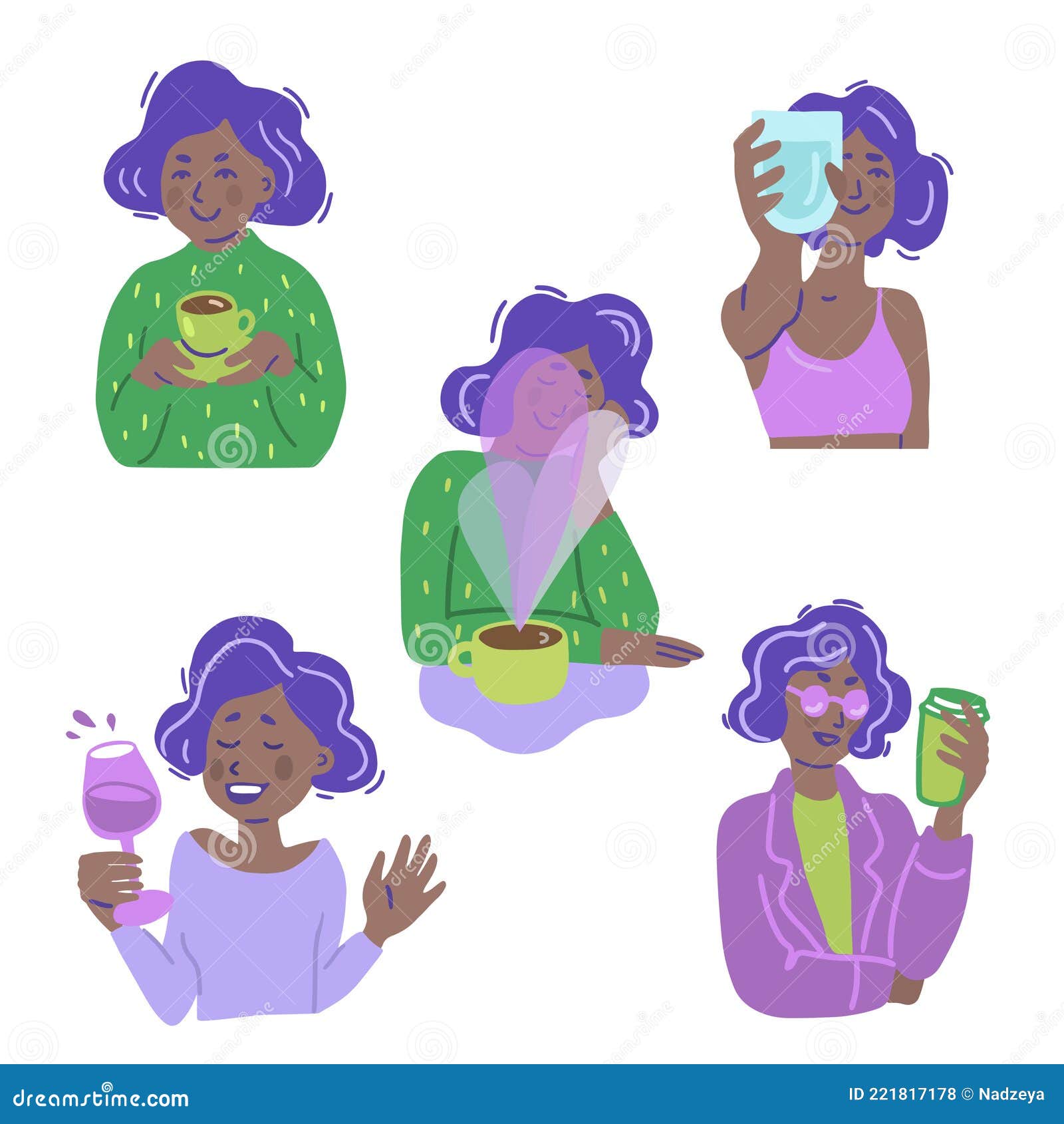 Set of Five Characters Drinking Different Beverages Stock Vector ...