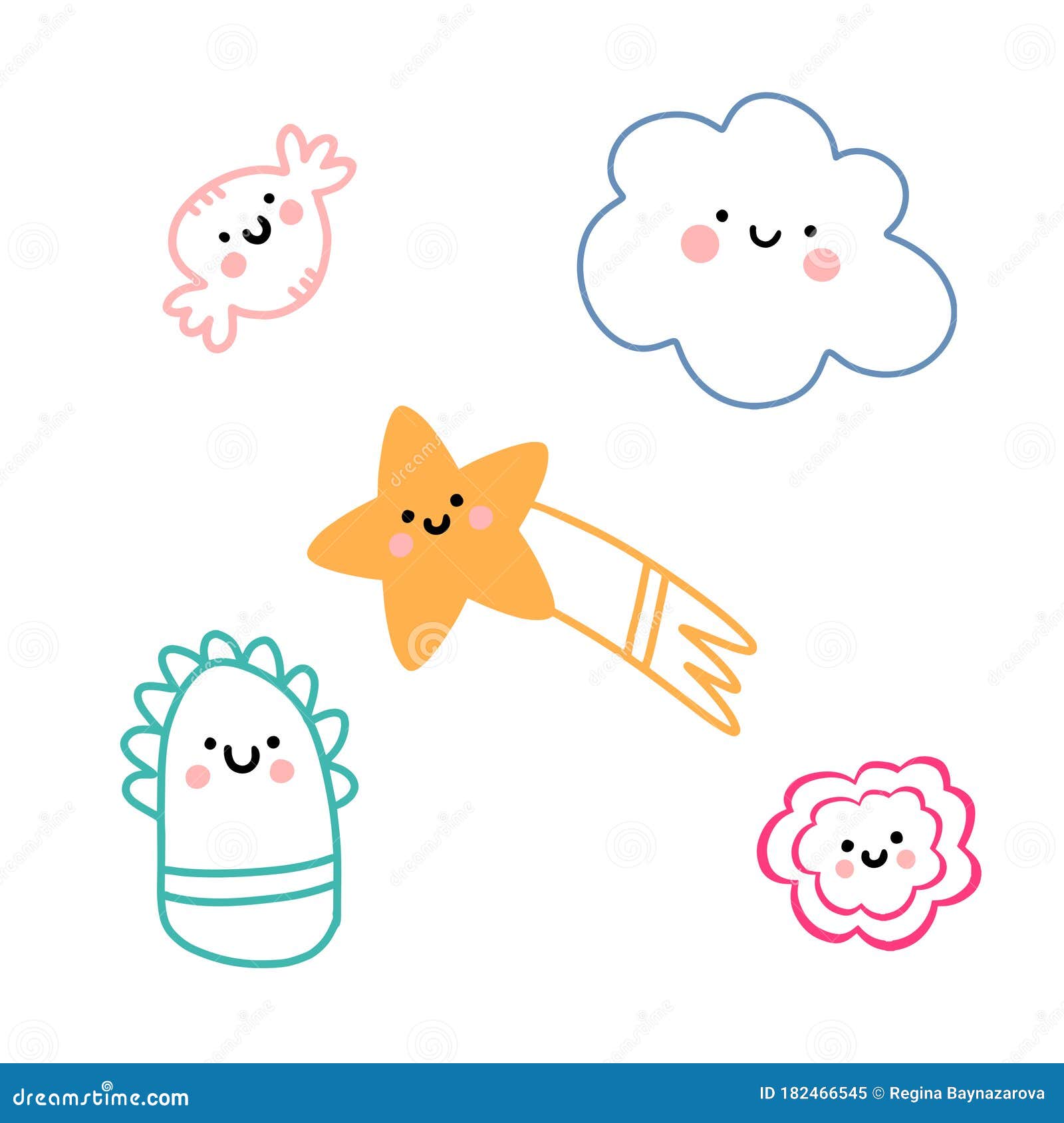 A Set of Five Cute Characters. Manually Drawn Various Kawaii Objects ...