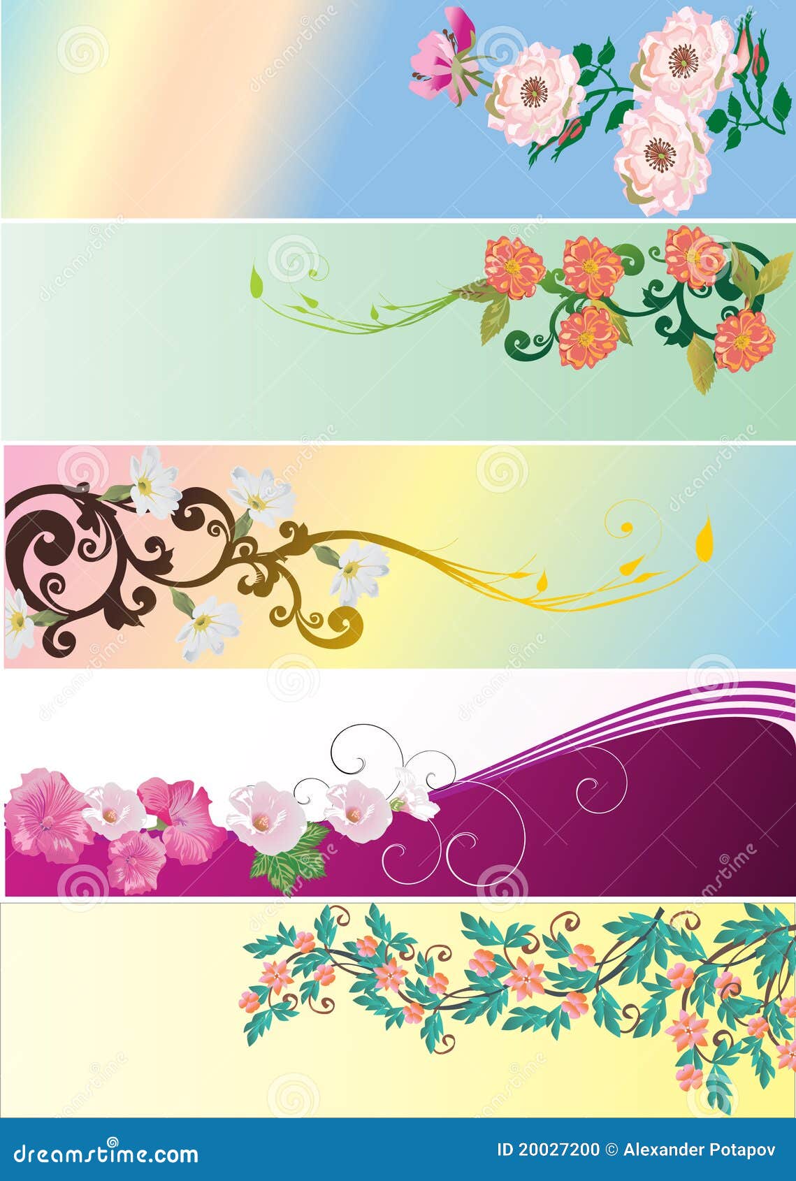 Set of five floral strips stock vector. Illustration of elements - 20027200