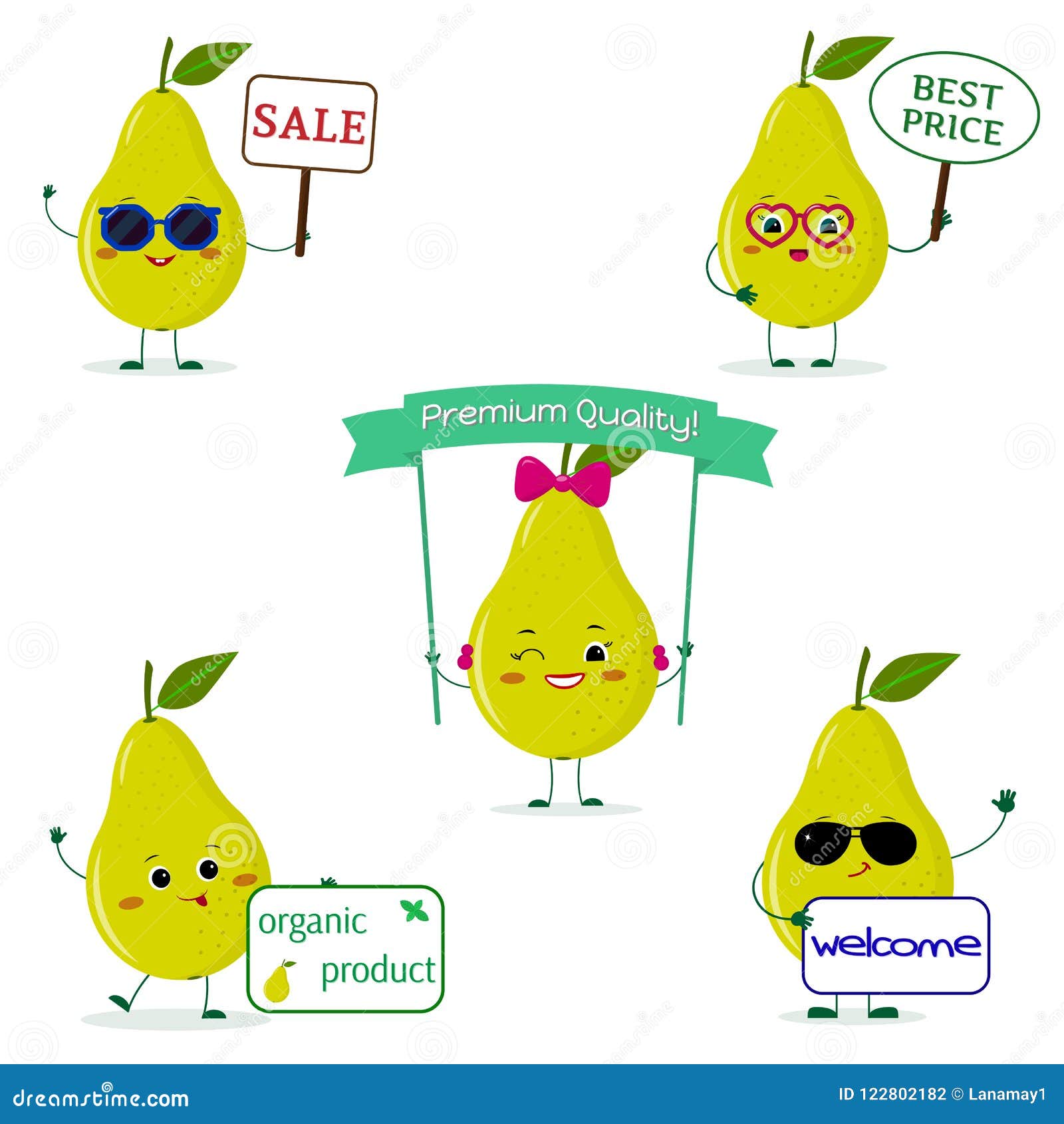 A Set of Five Cute Green Pear Characters in Different Poses and ...