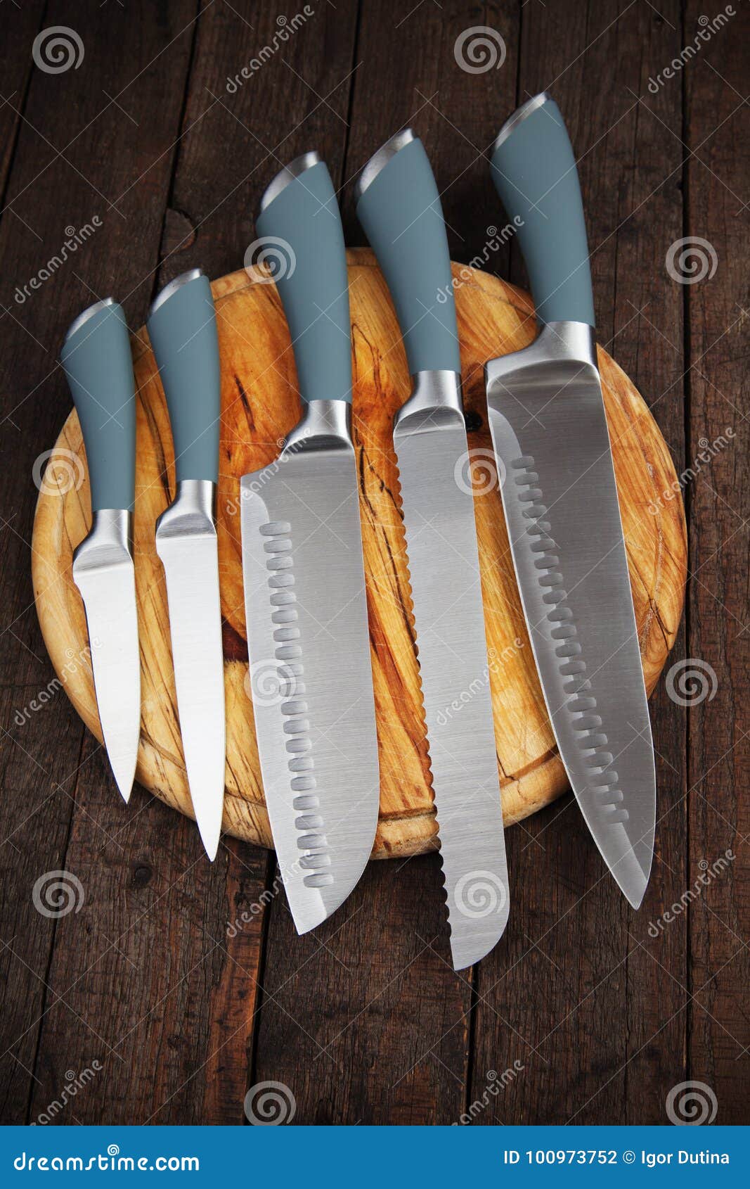 Set of five kitchen knives stock photo. Image of vertical - 100973752