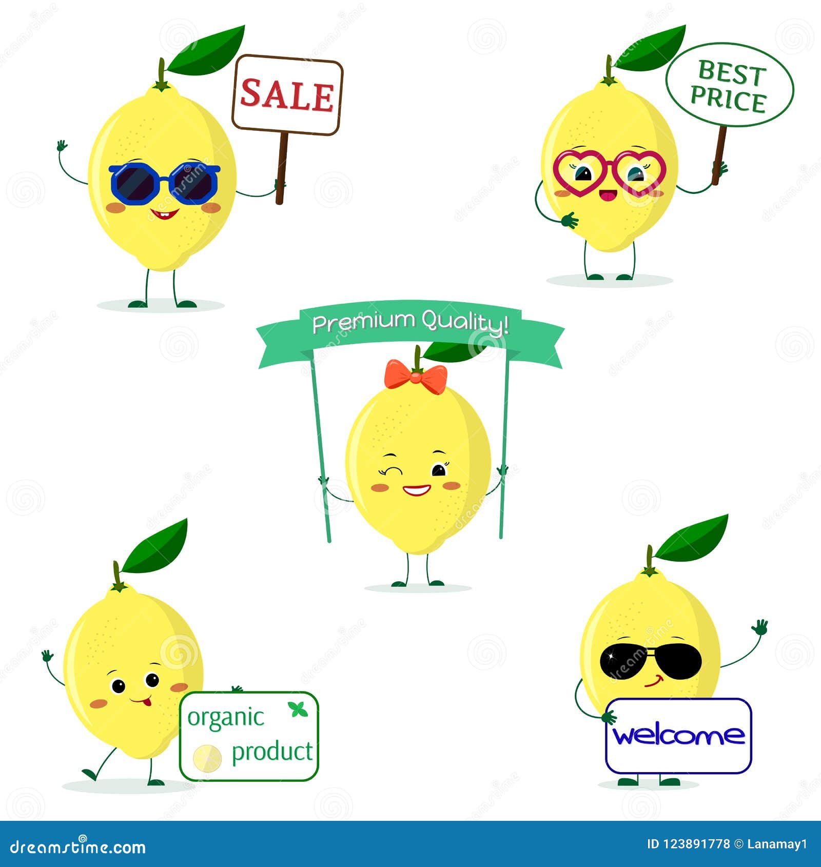 A Set of Five Lemon Character in Different Poses in a Cartoon Style ...