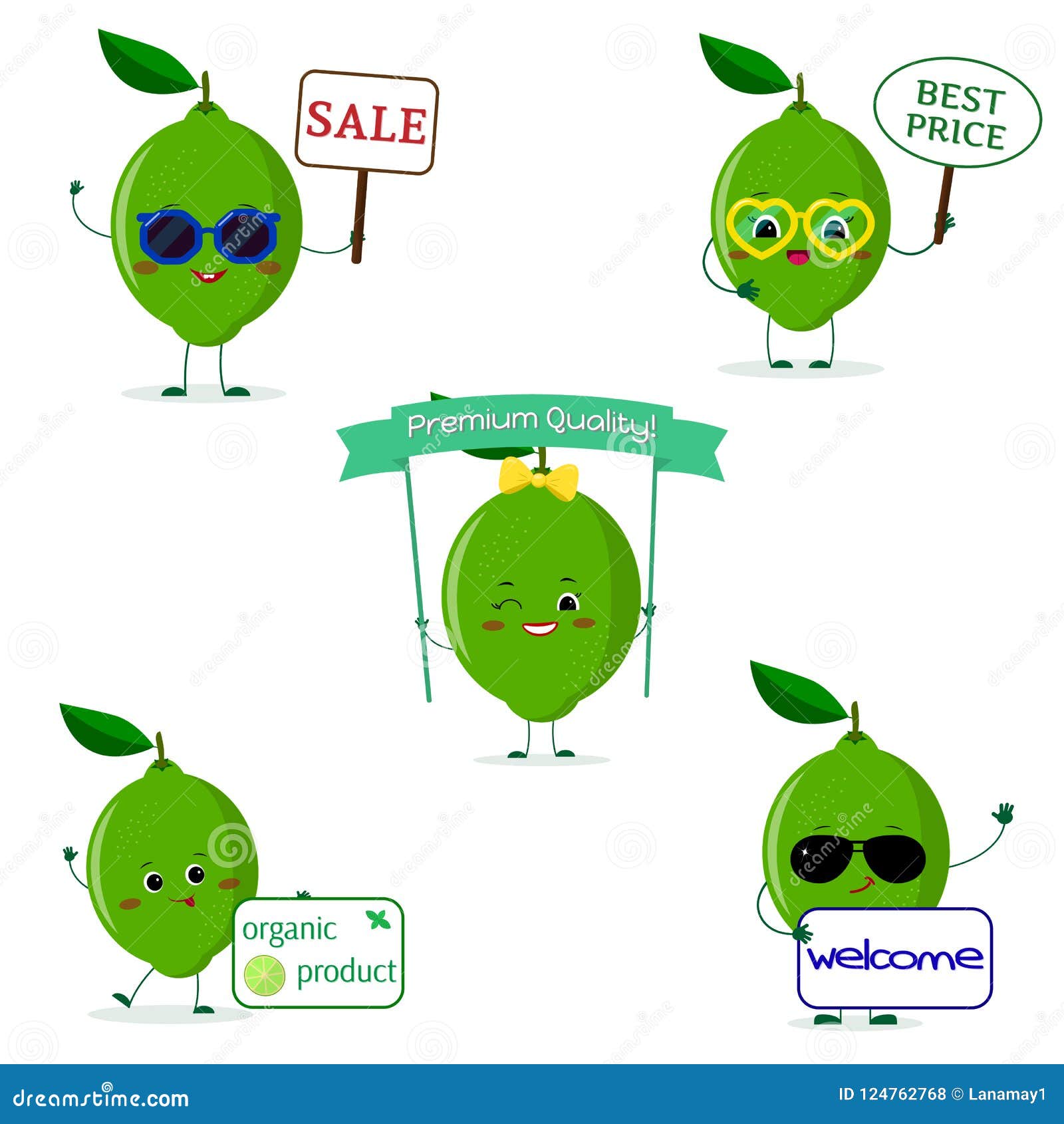 A Set of Five Lime Character in Different Poses in a Cartoon Style ...