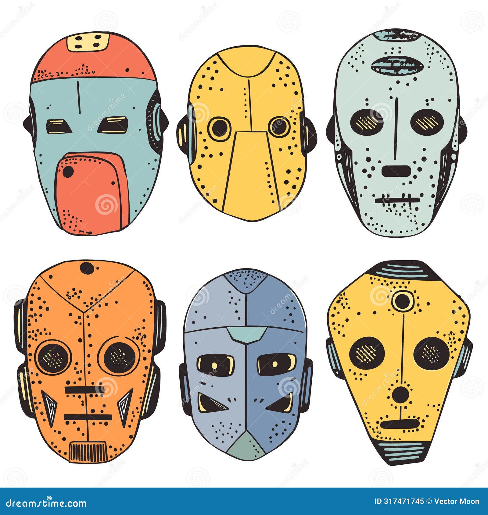 Set Five Robot Faces Hand Drawn Style Multicolor. Collection Robotic ...