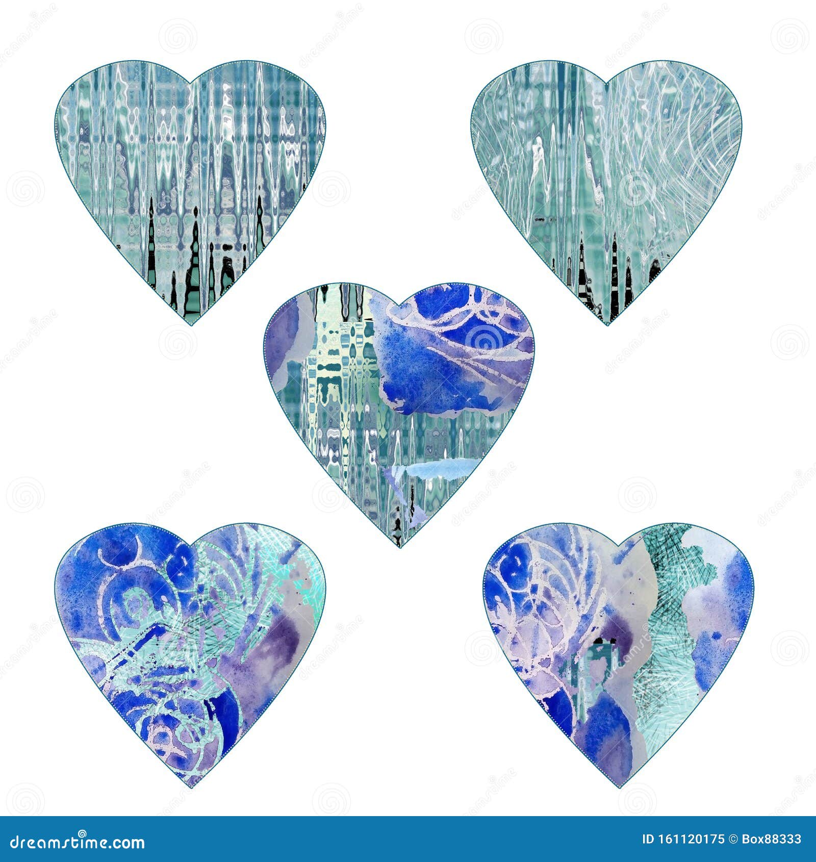 Set of Five Turquoise Textured Hearts. Cold, Winter, Ice Texture ...