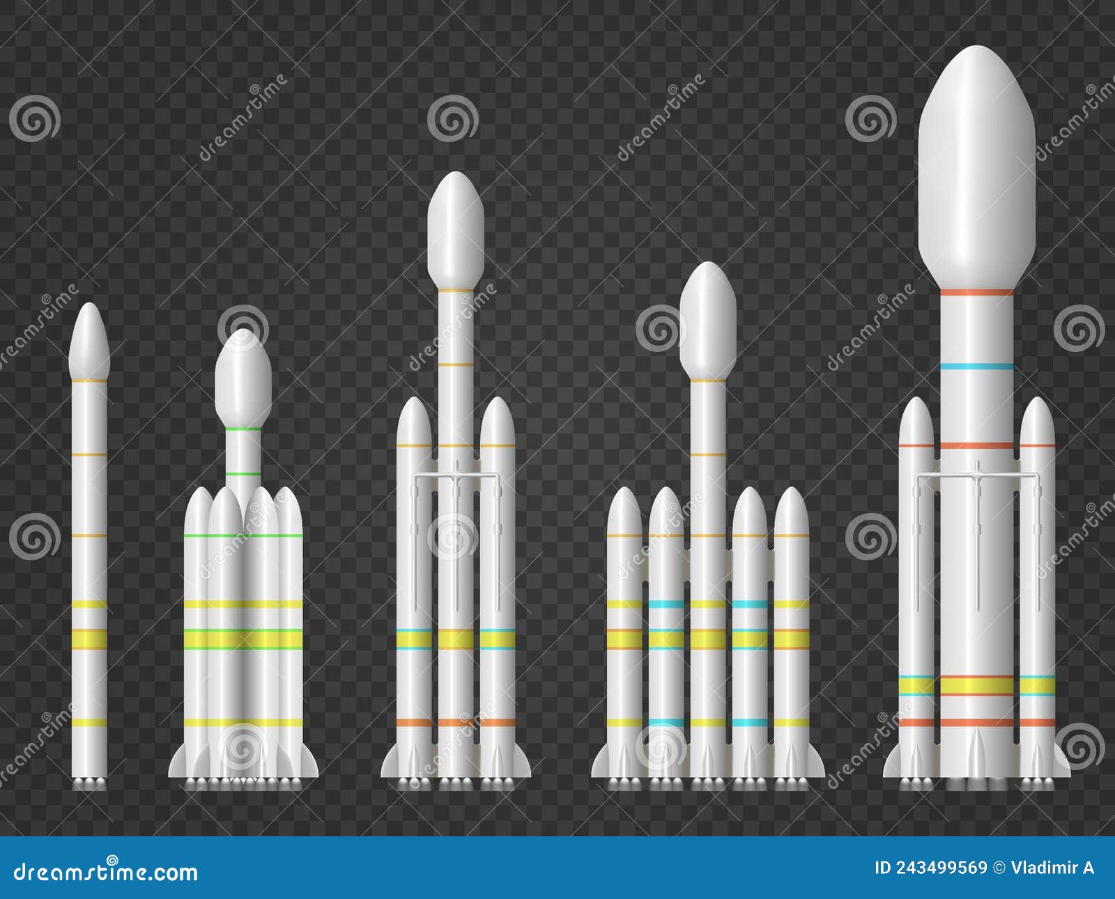 Set of the Five Vector Realistic Rockets Isolated on Dark Transparent ...