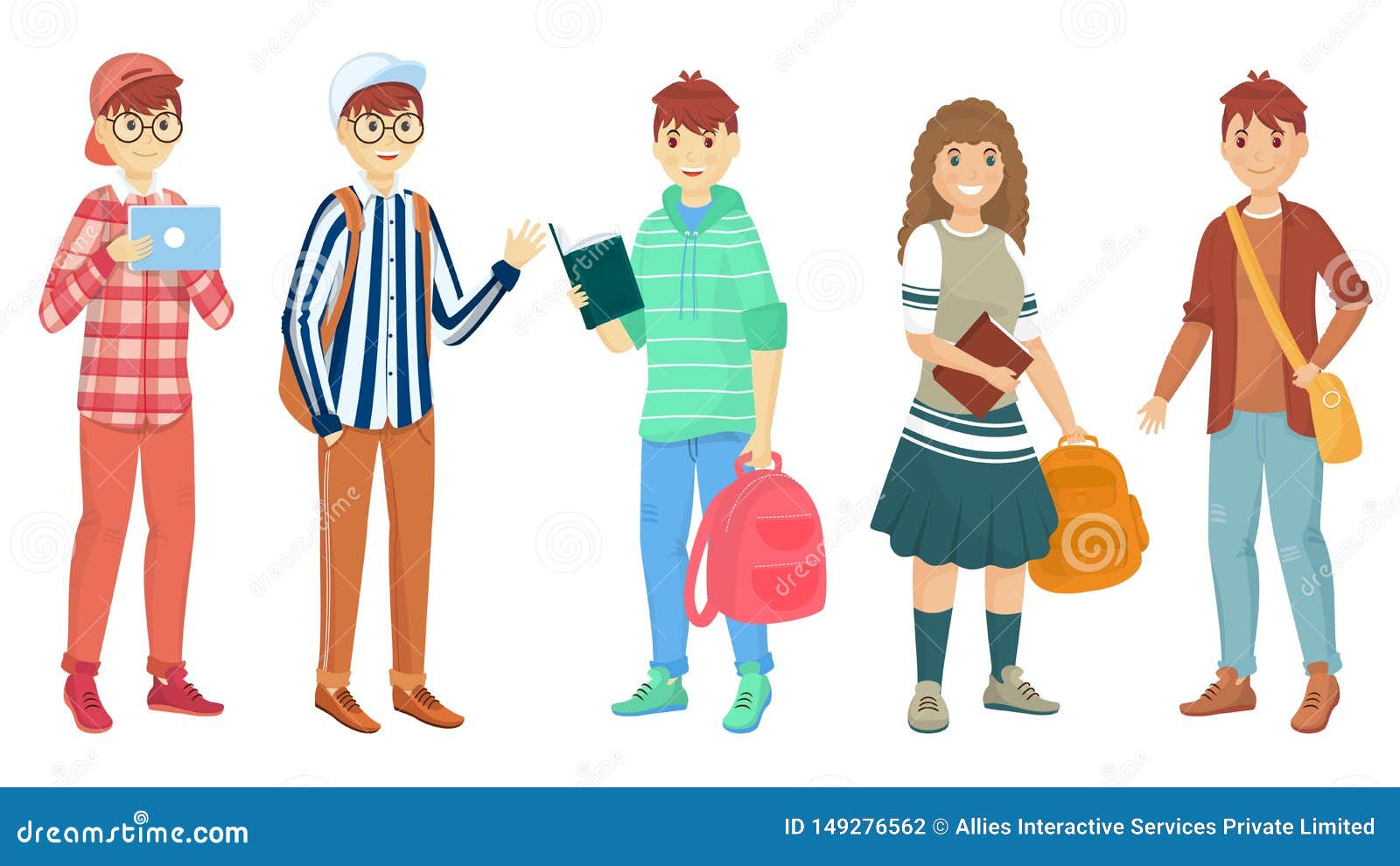 Set Of Five Young Student Holding School Bag In Standing Pose. Stock ...