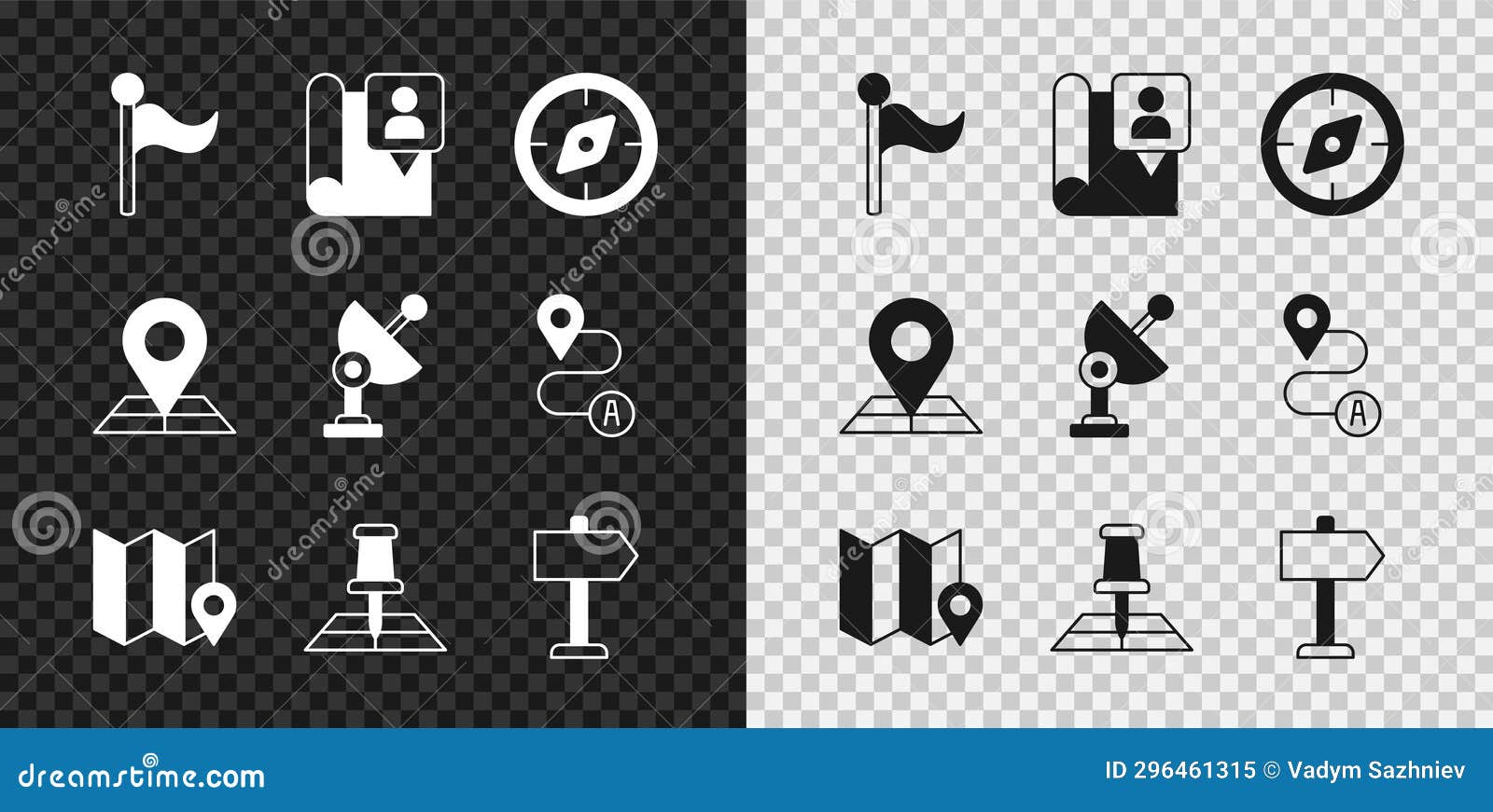 Set Flag, Folded Map with Location Marker, Compass, Road Traffic Sign ...