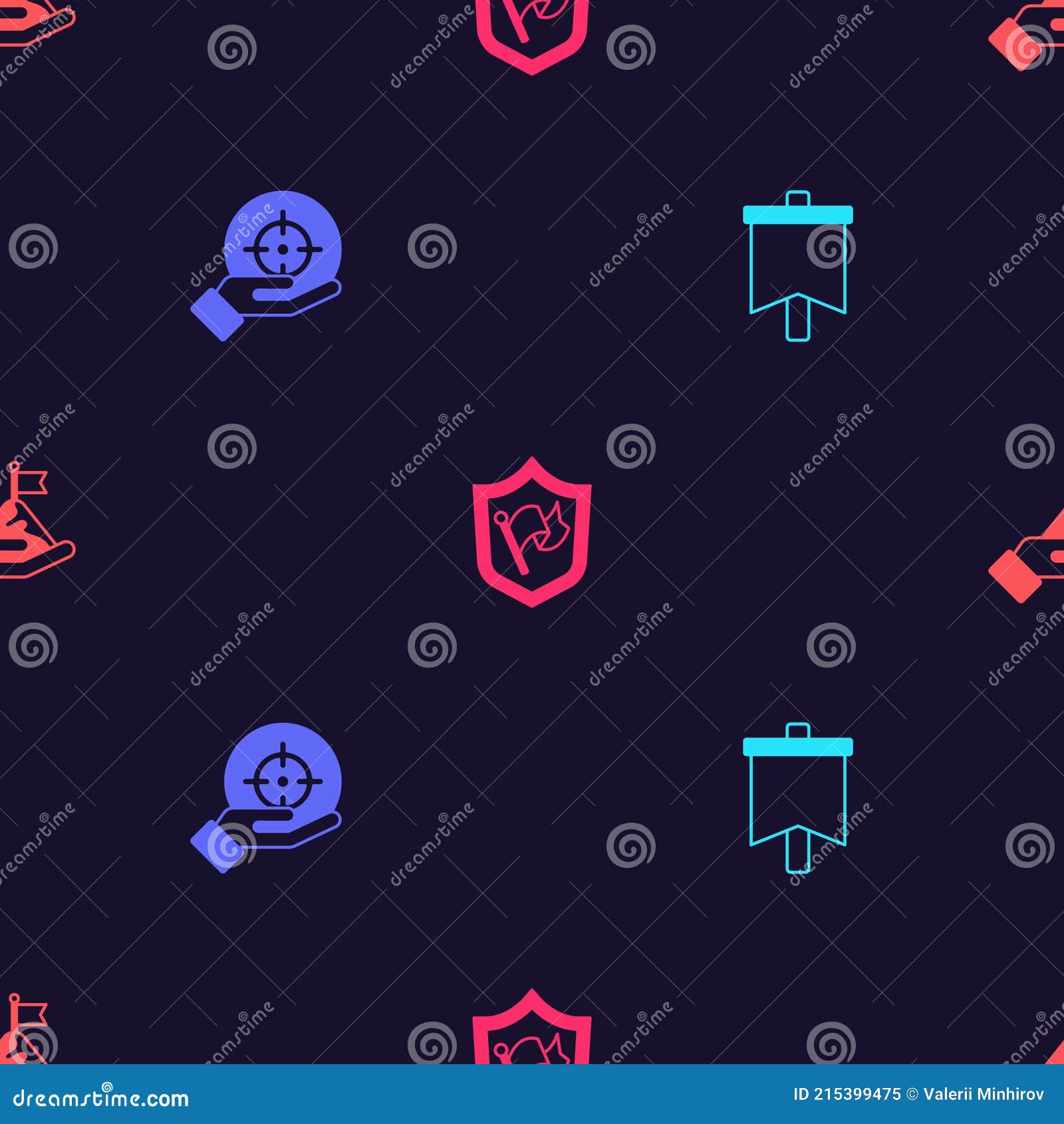 Set Flag, Target, Shield with Flag and Mountains on Seamless Pattern ...