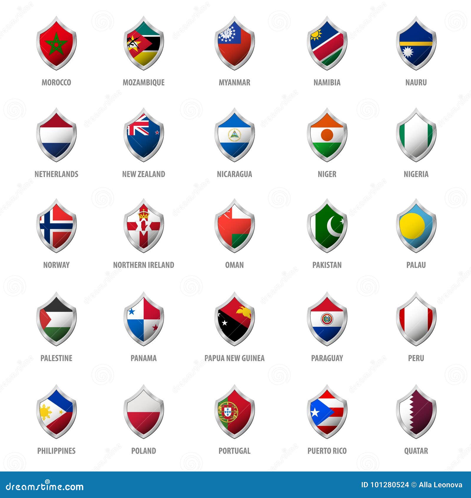 Set of Flags on Metal Shiny Shield Illustration. Stock Illustration ...