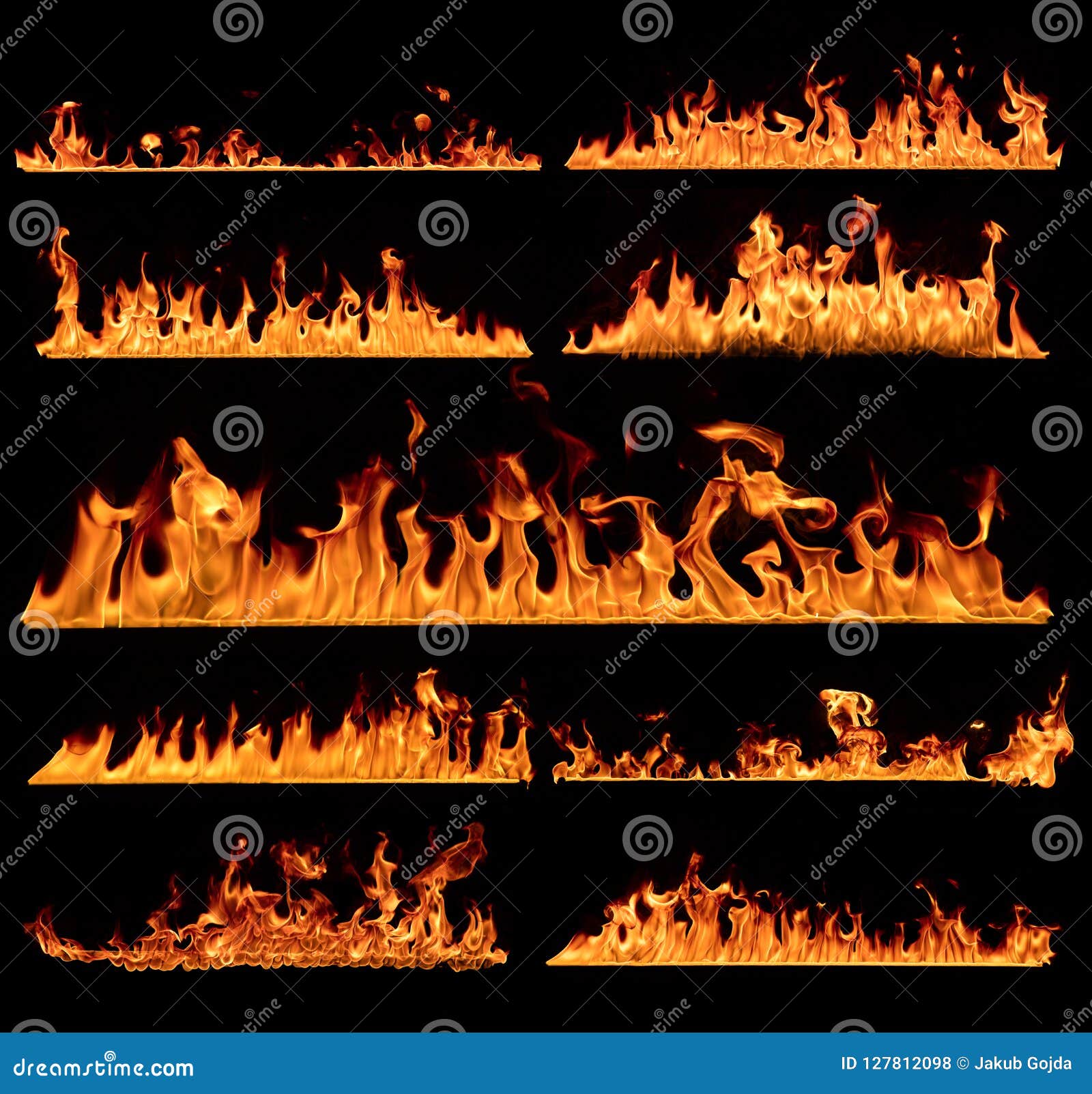 Set of Flames Textures on Black Background Stock Photo - Image of glow ...