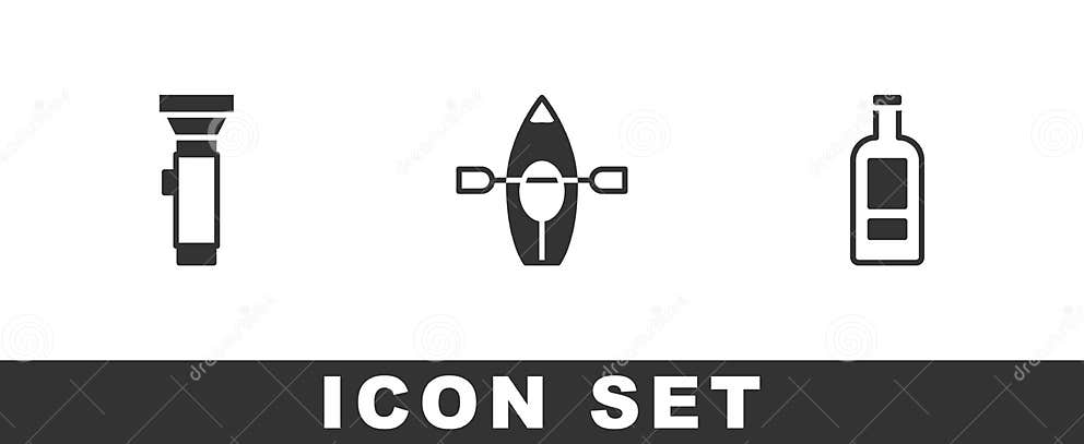 Set Flashlight, Kayak and Paddle and Bottle of Vodka Icon. Vector Stock ...